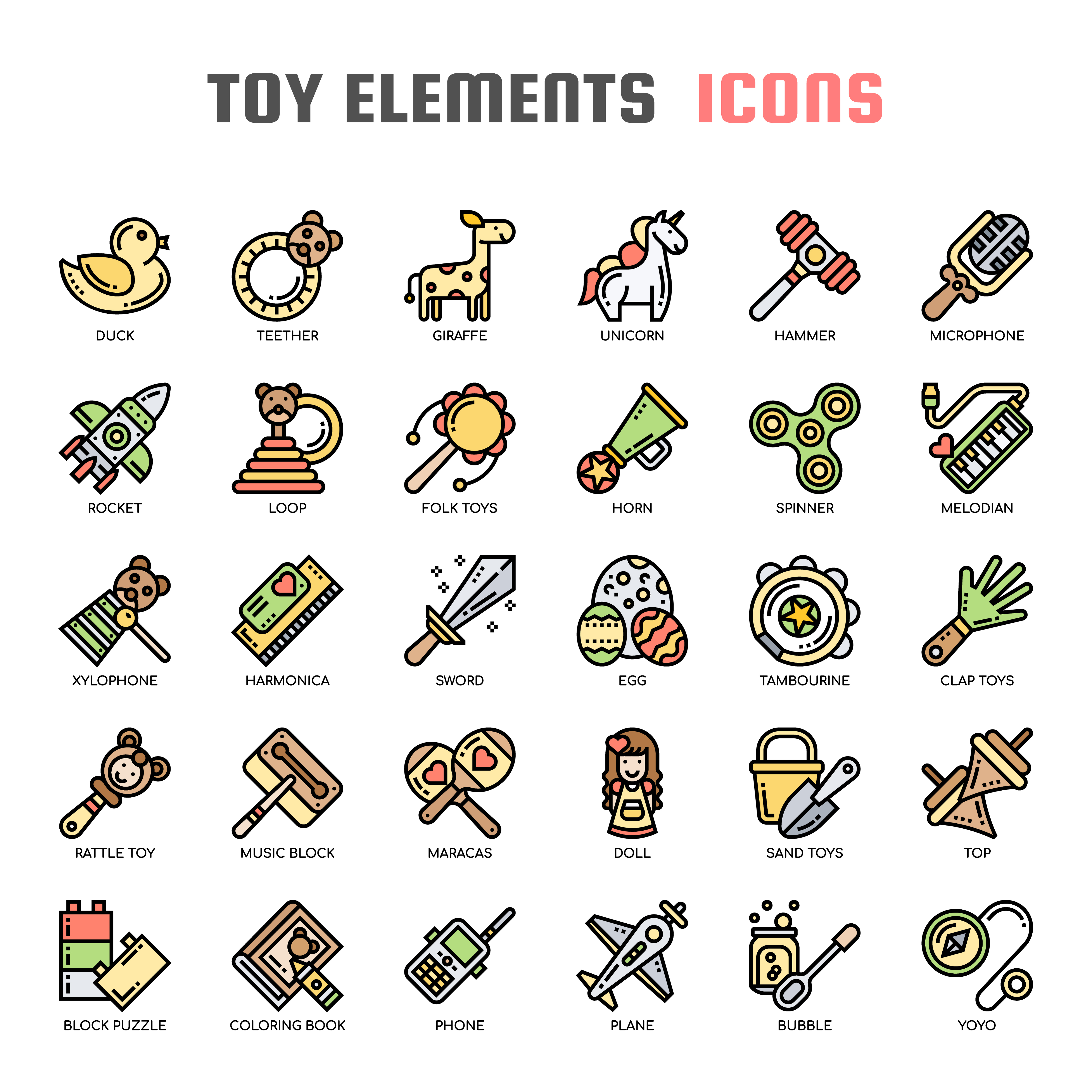 Toy Elements Thin Line Color Icons Vector Art At Vecteezy