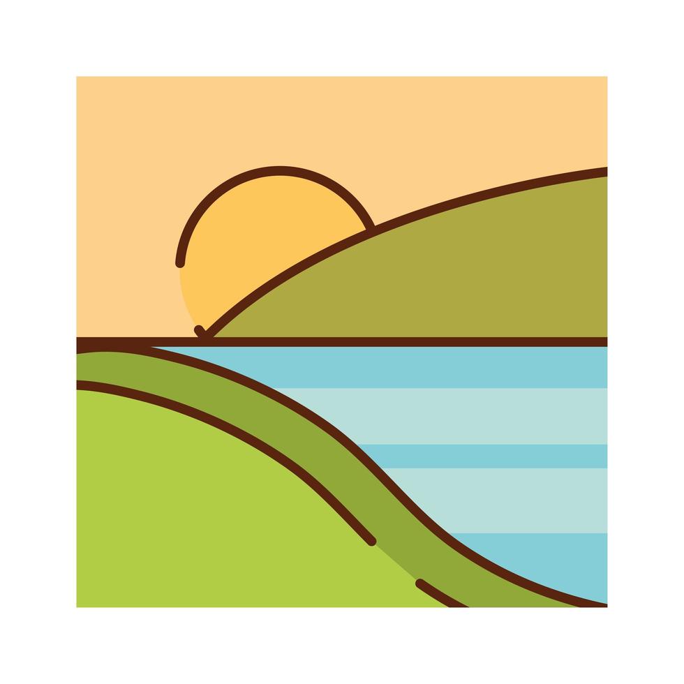 paisaje valle río cielo sol naturaleza dibujos animados línea llena