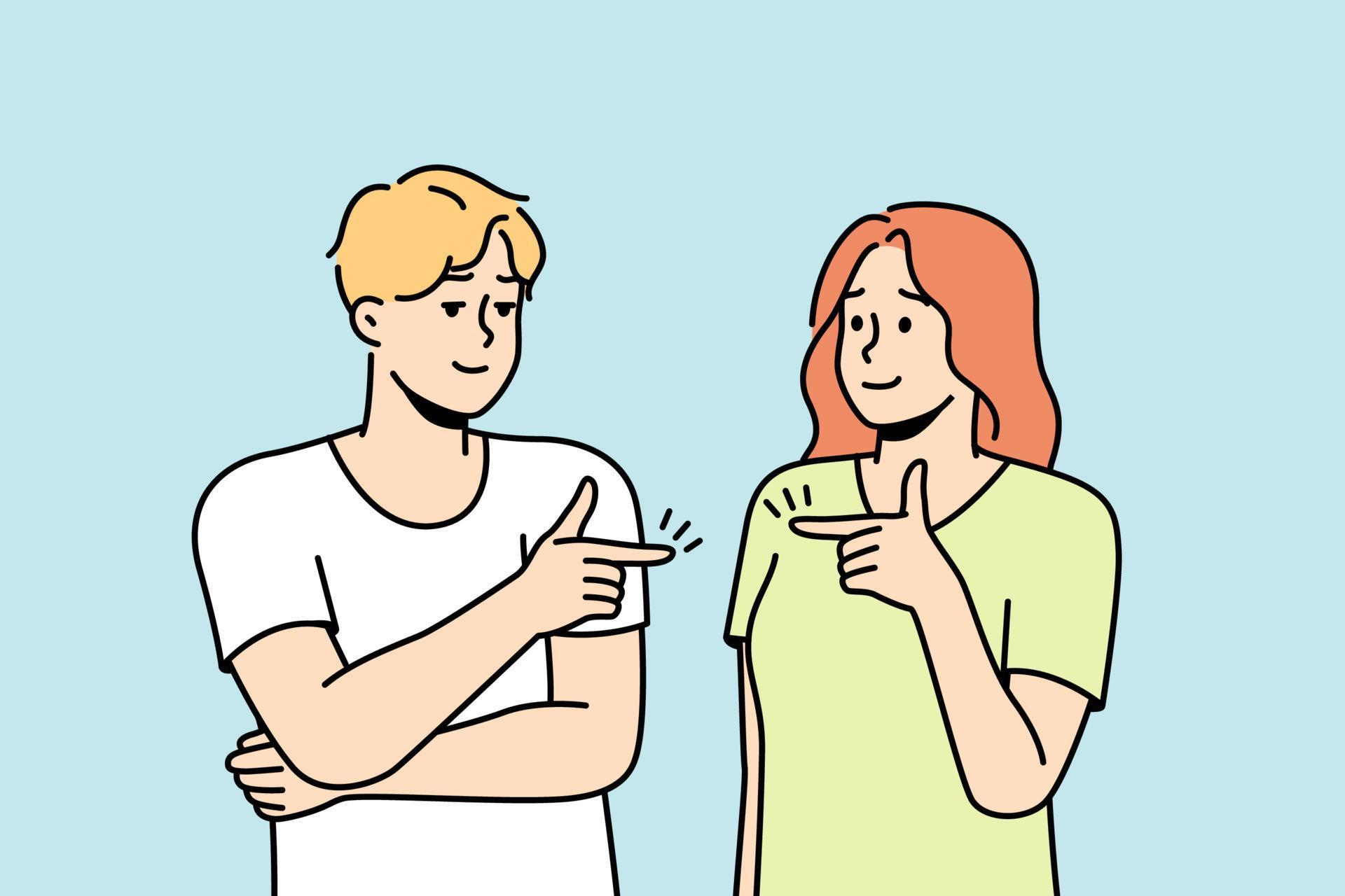 Guy Girl Point Fingers At Each Other Woman Man Avoid Solving