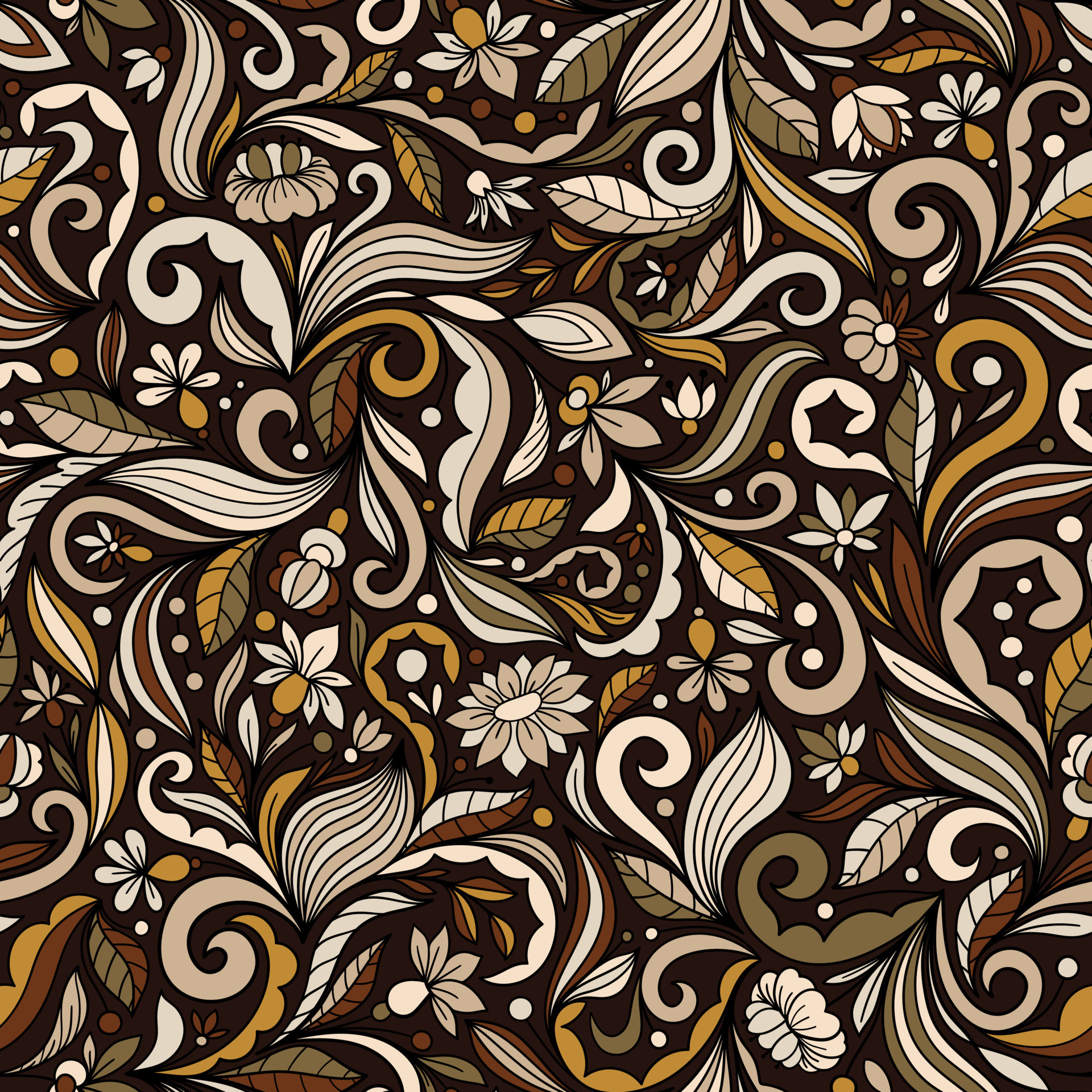 BROWN SEAMLESS VECTOR BACKGROUND WITH COMPLEX MULTICOLORED FLORAL