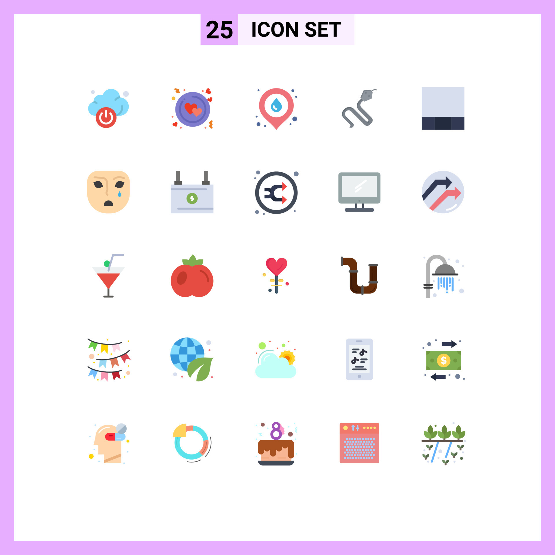 Flat Color Pack Of 25 Universal Symbols Of Emotion Grid Water Place