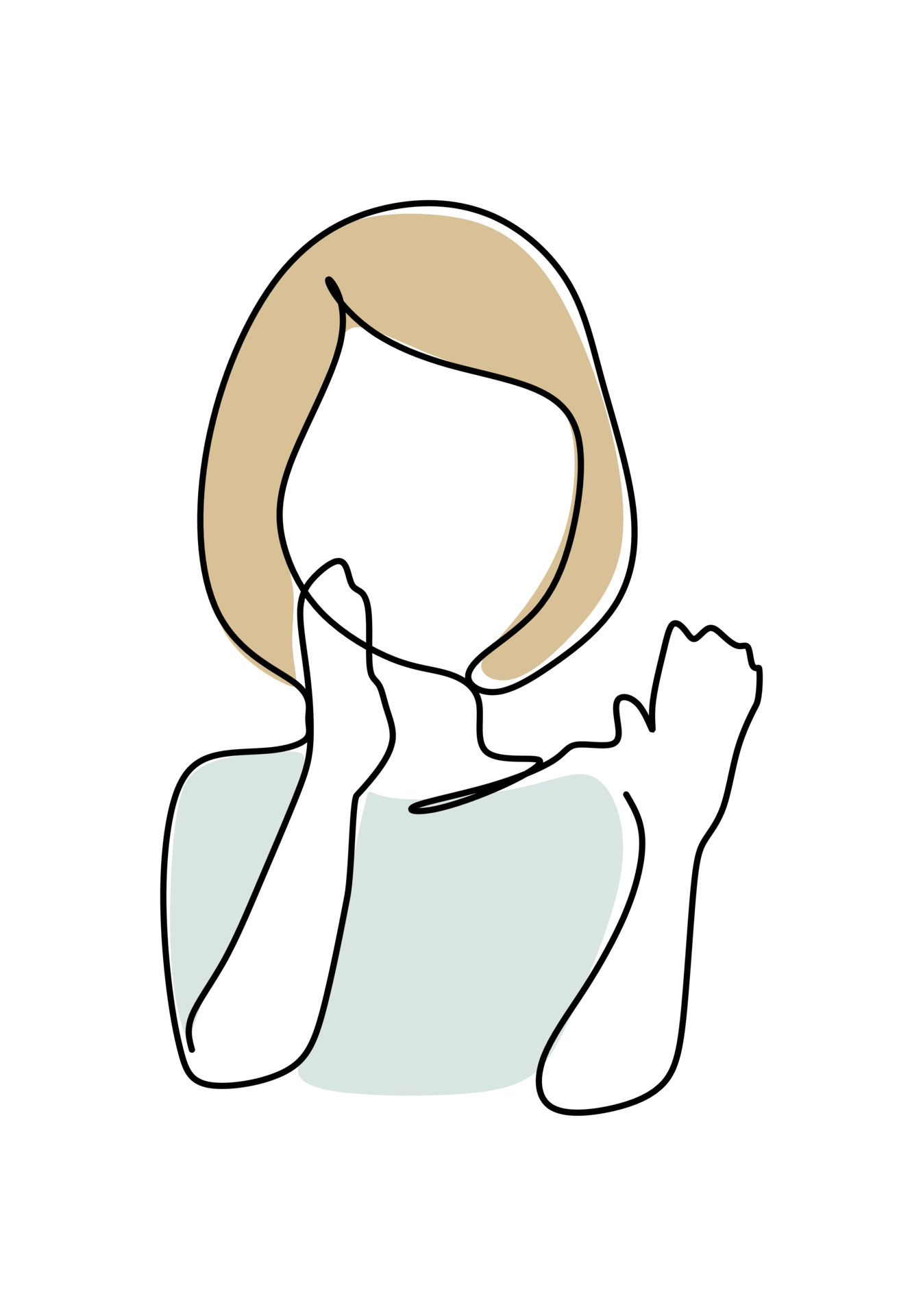 Simple Colored Single Line Drawing Of A Woman Calling Out Illustration