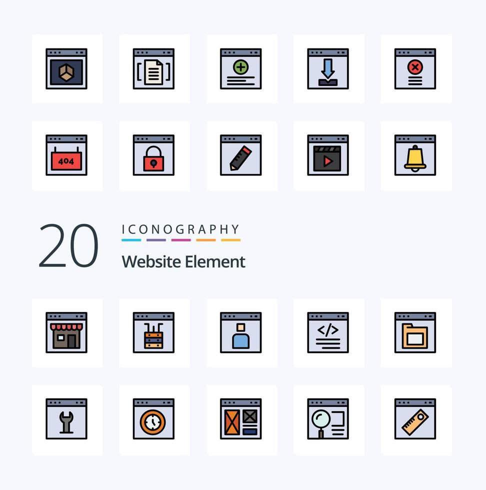 20 Website Element Line Filled Color Icon Pack Like Coding Browser Page