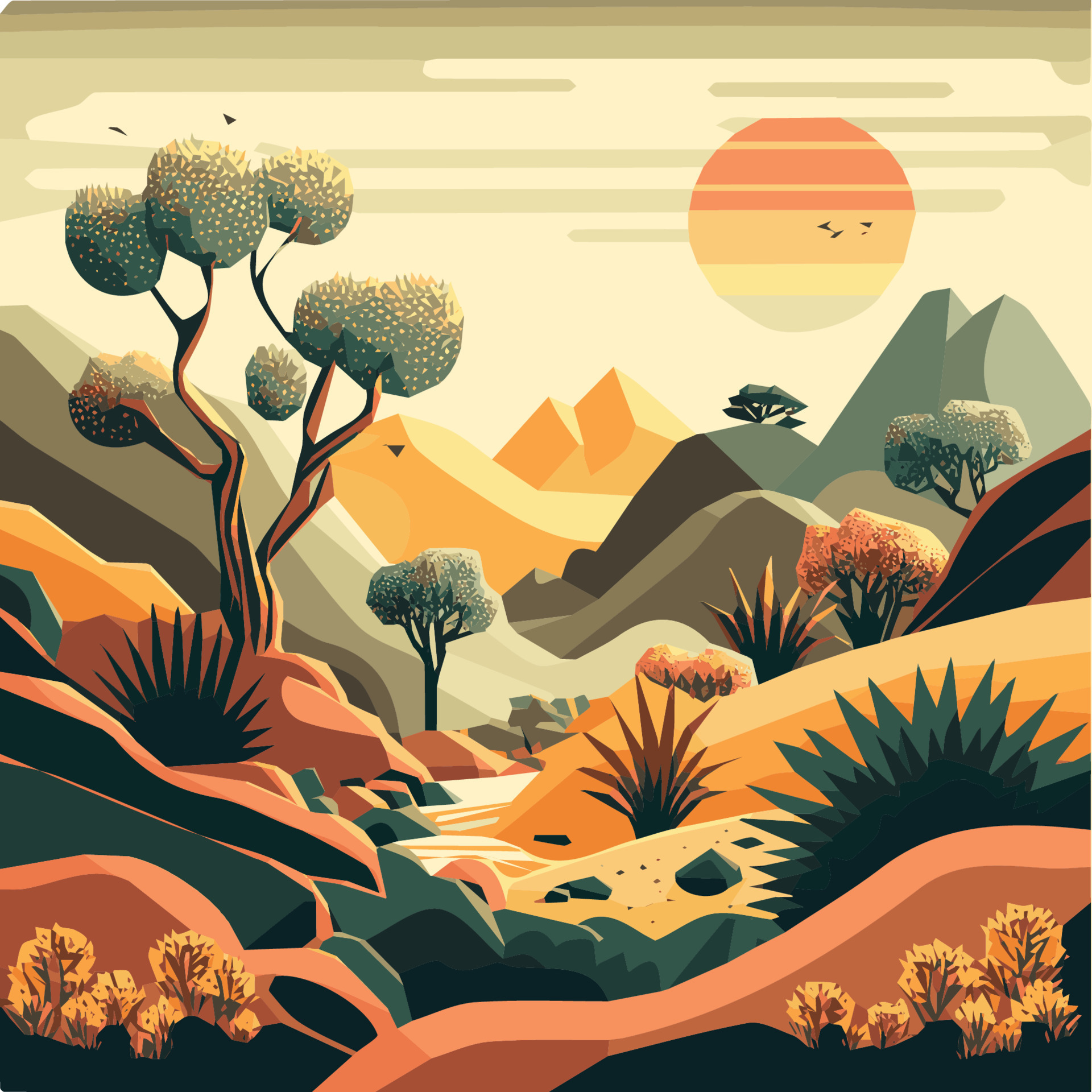 Nature Flat Landscape Illustration In Funky Cartoon Style Colorful