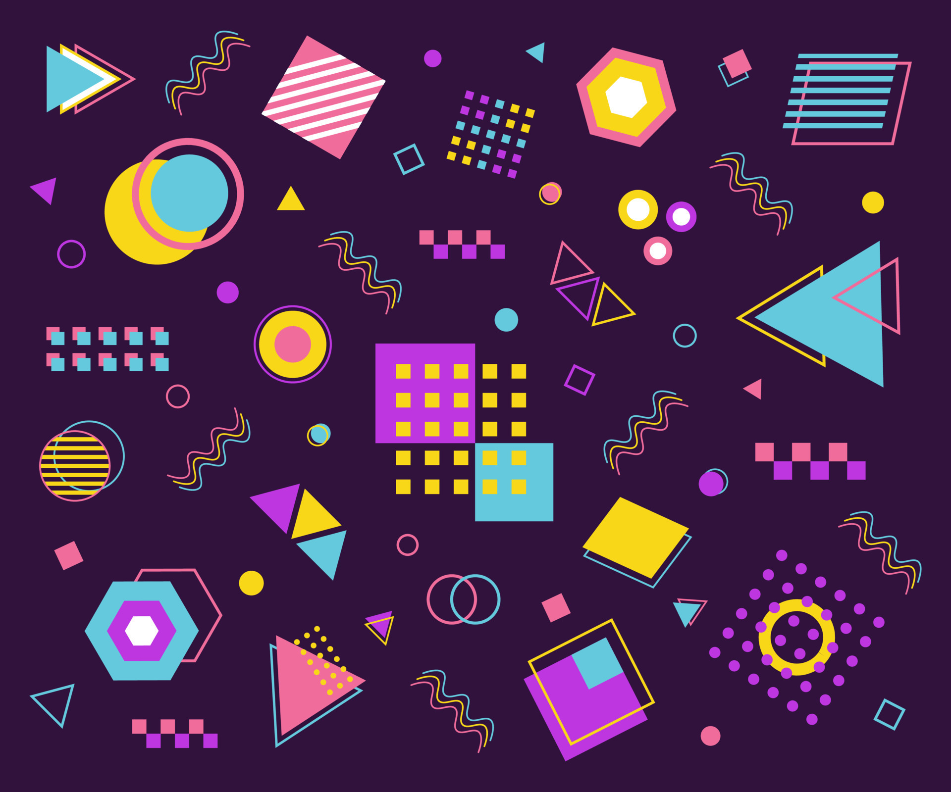 Colorful Geometric Random Shapes Pattern With Dark Purple Background