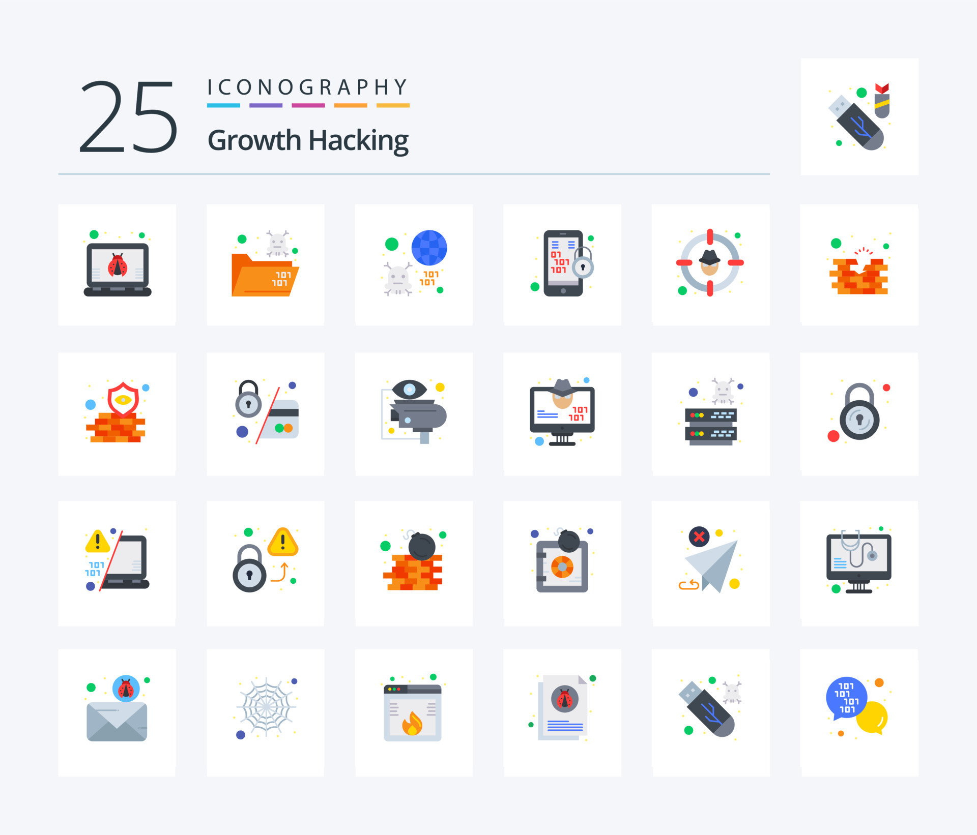 Hacking 25 Flat Color Icon Pack Including Goal Mobile Earth Lock