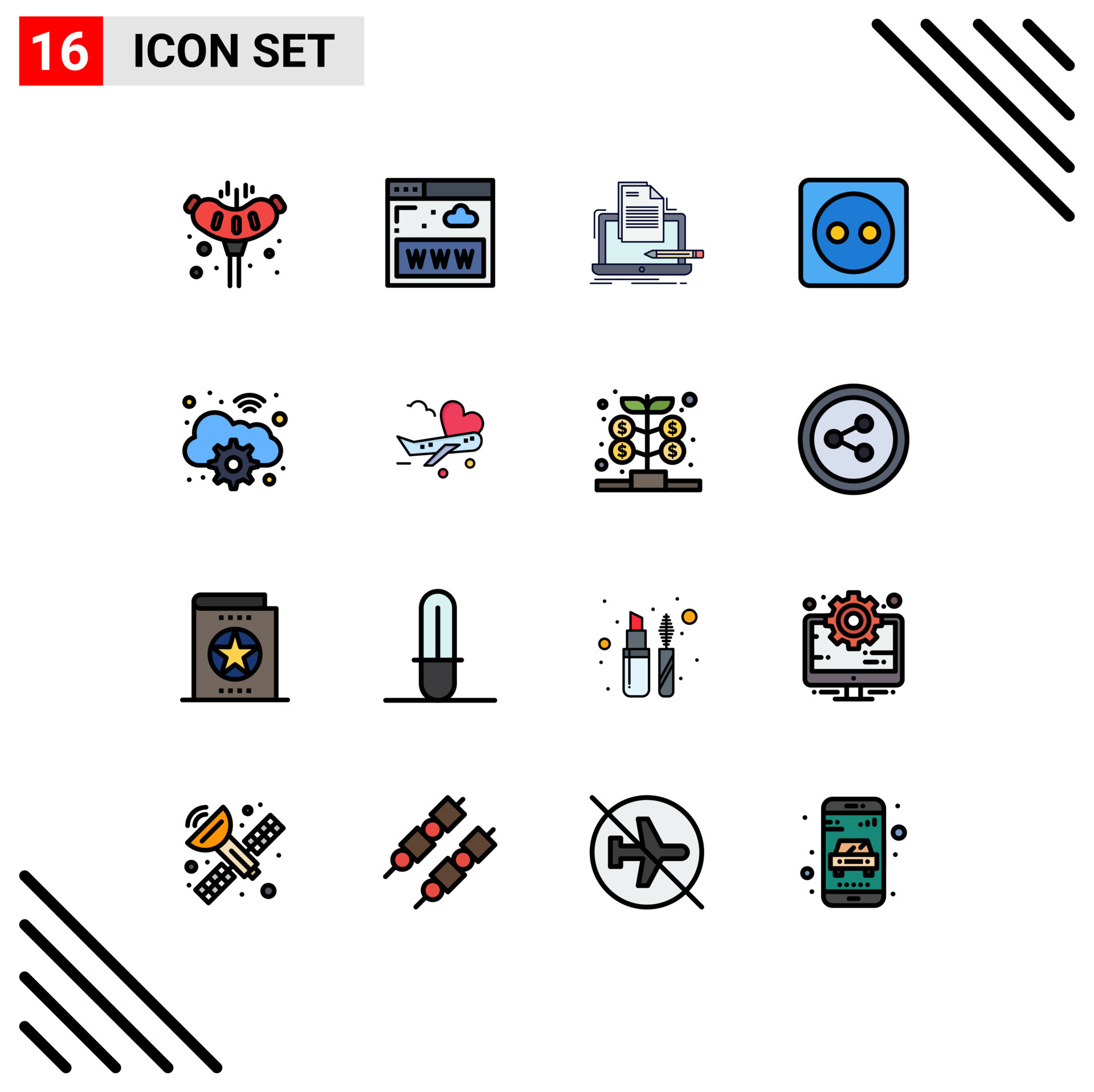 Group Of 16 Modern Flat Color Filled Lines Set For Cloud Energy Coder