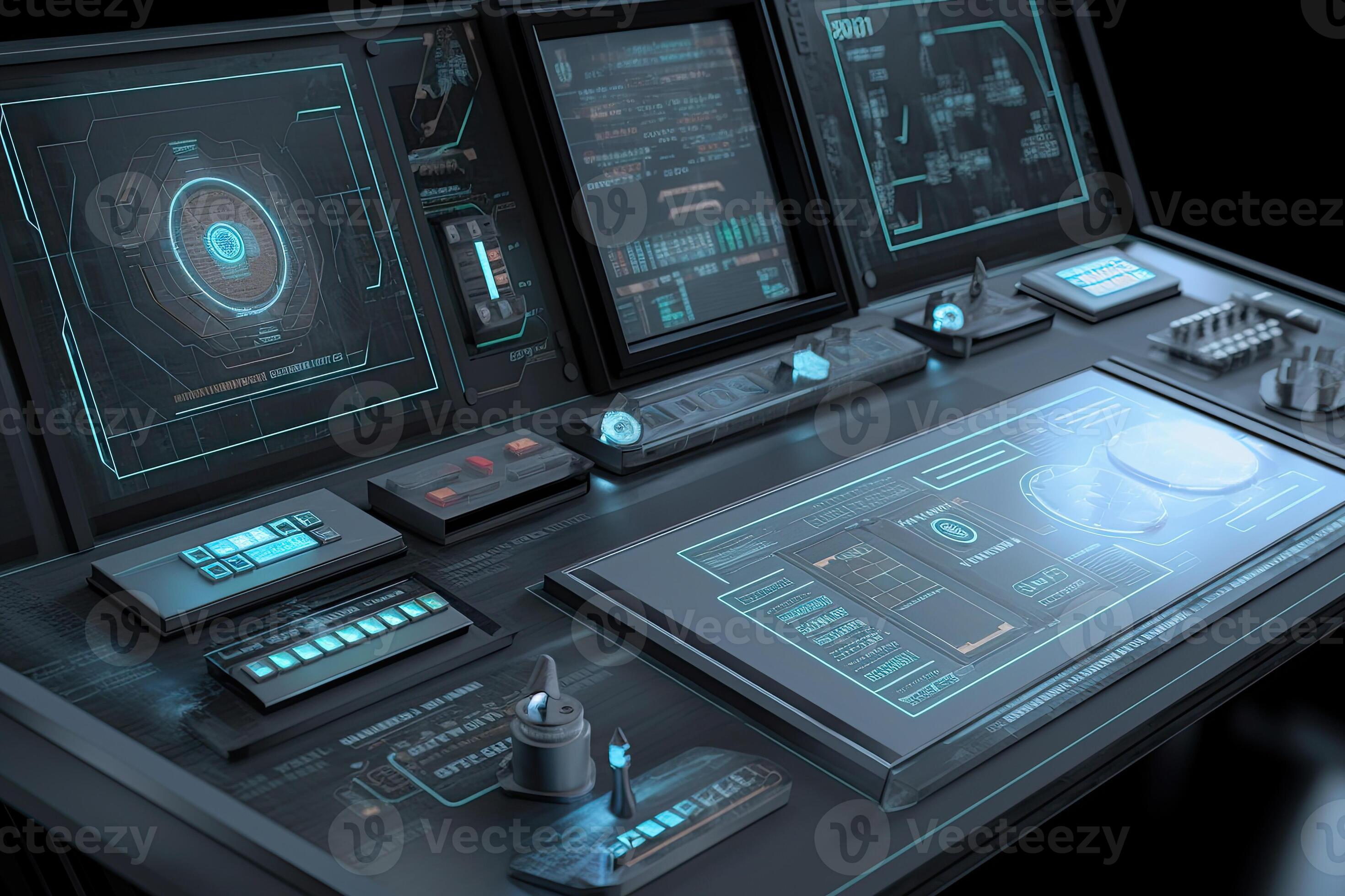 Futuristic Central Control Panel Operator Workplace With A Lot Of