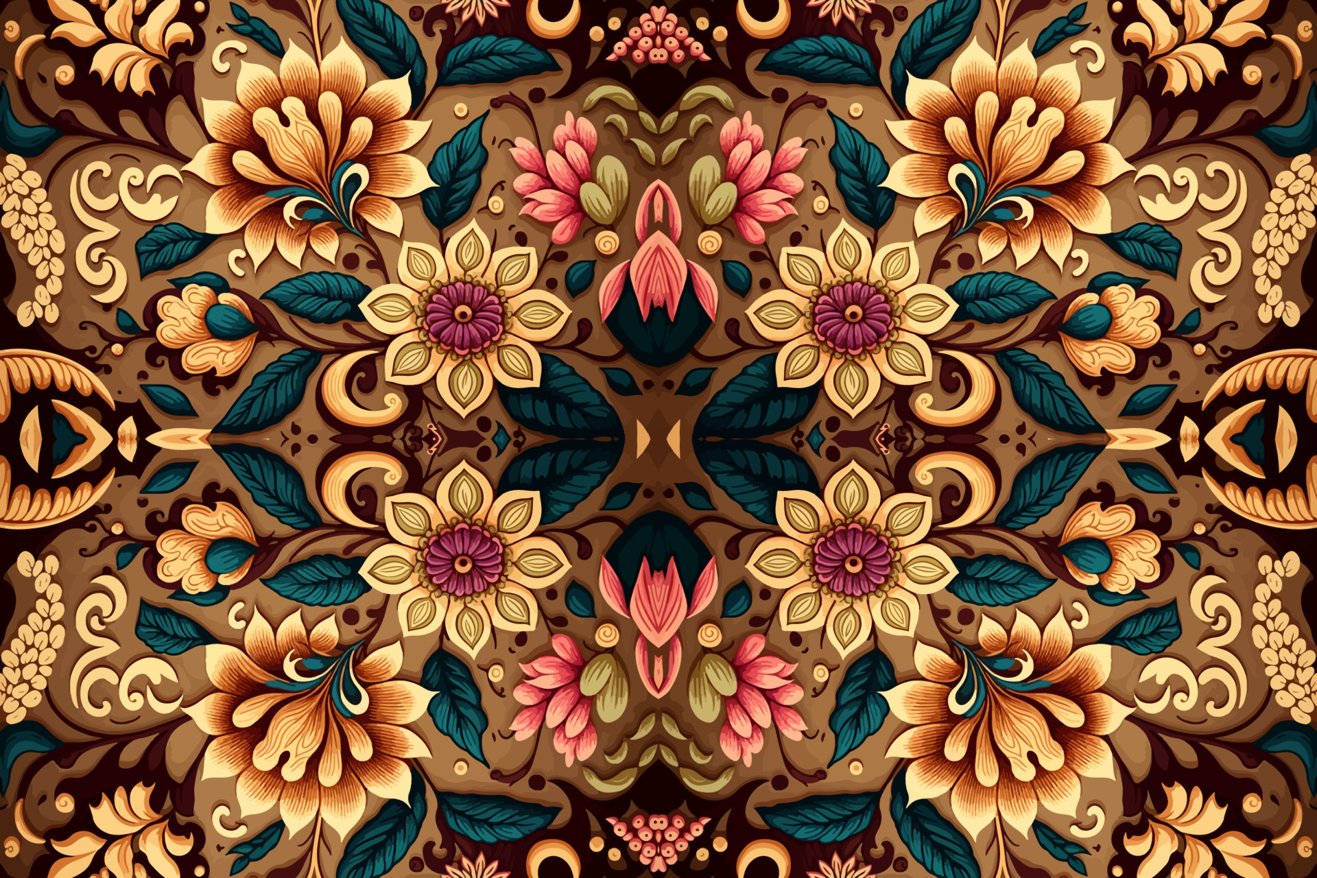 Ethnic Floral Seamless Pattern Golden Background Abstract Traditional