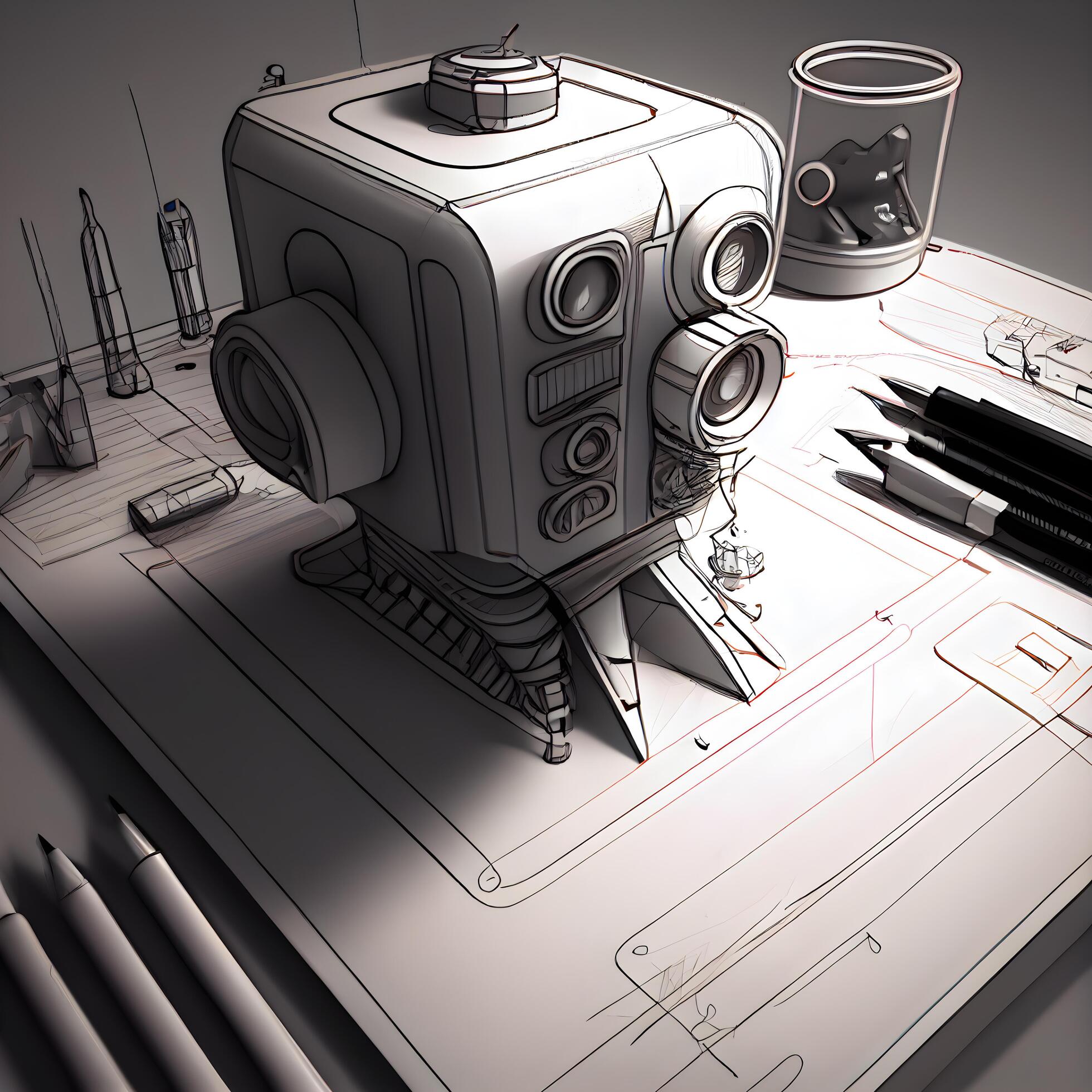 3d Rendering Of A Vintage Movie Projector On A Blueprint With Pencils