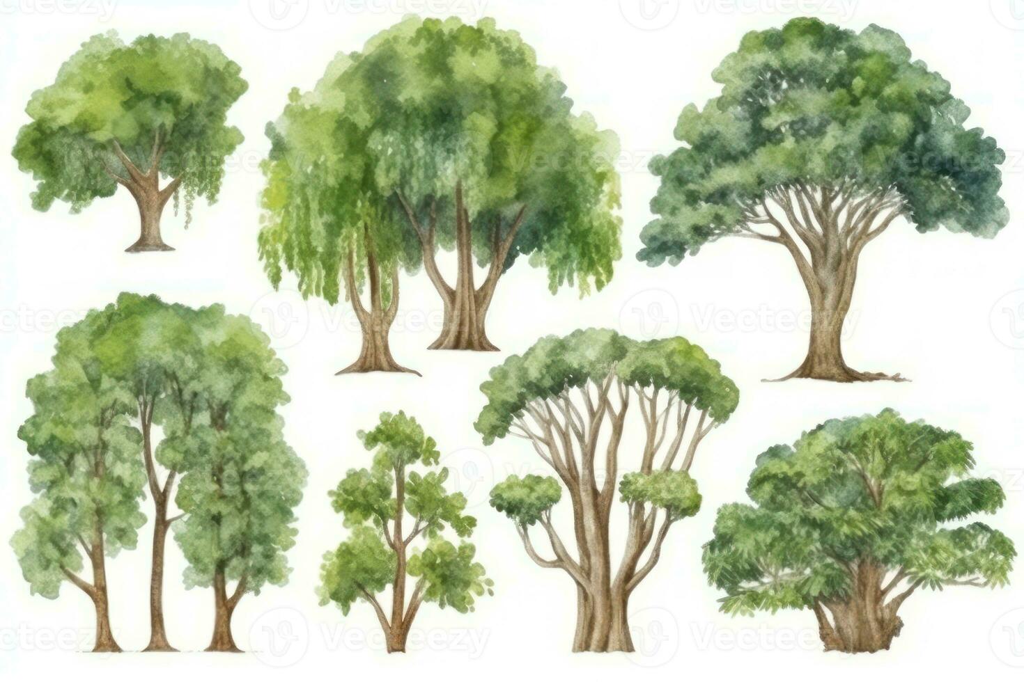 Teak Tree Forest Collection HandDrawn Watercolor Trees Generative AI