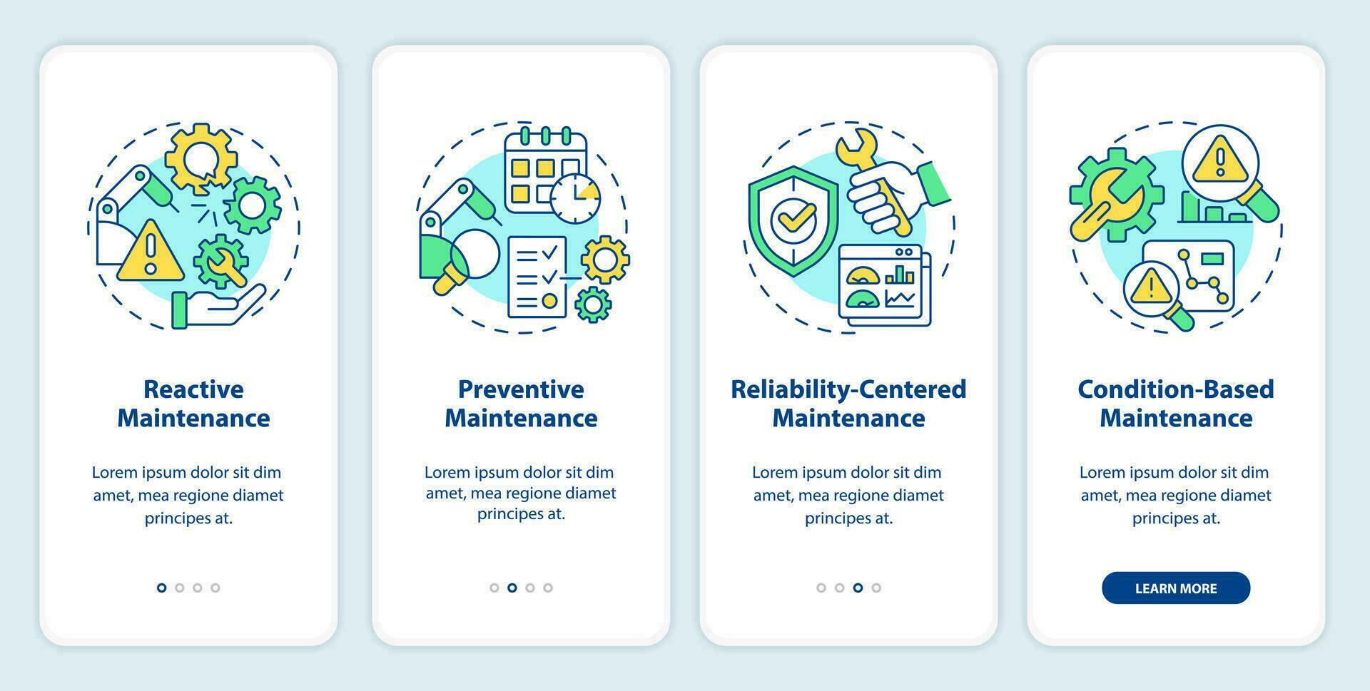 2D Icons Representing Predictive Maintenance Mobile App Screen Set