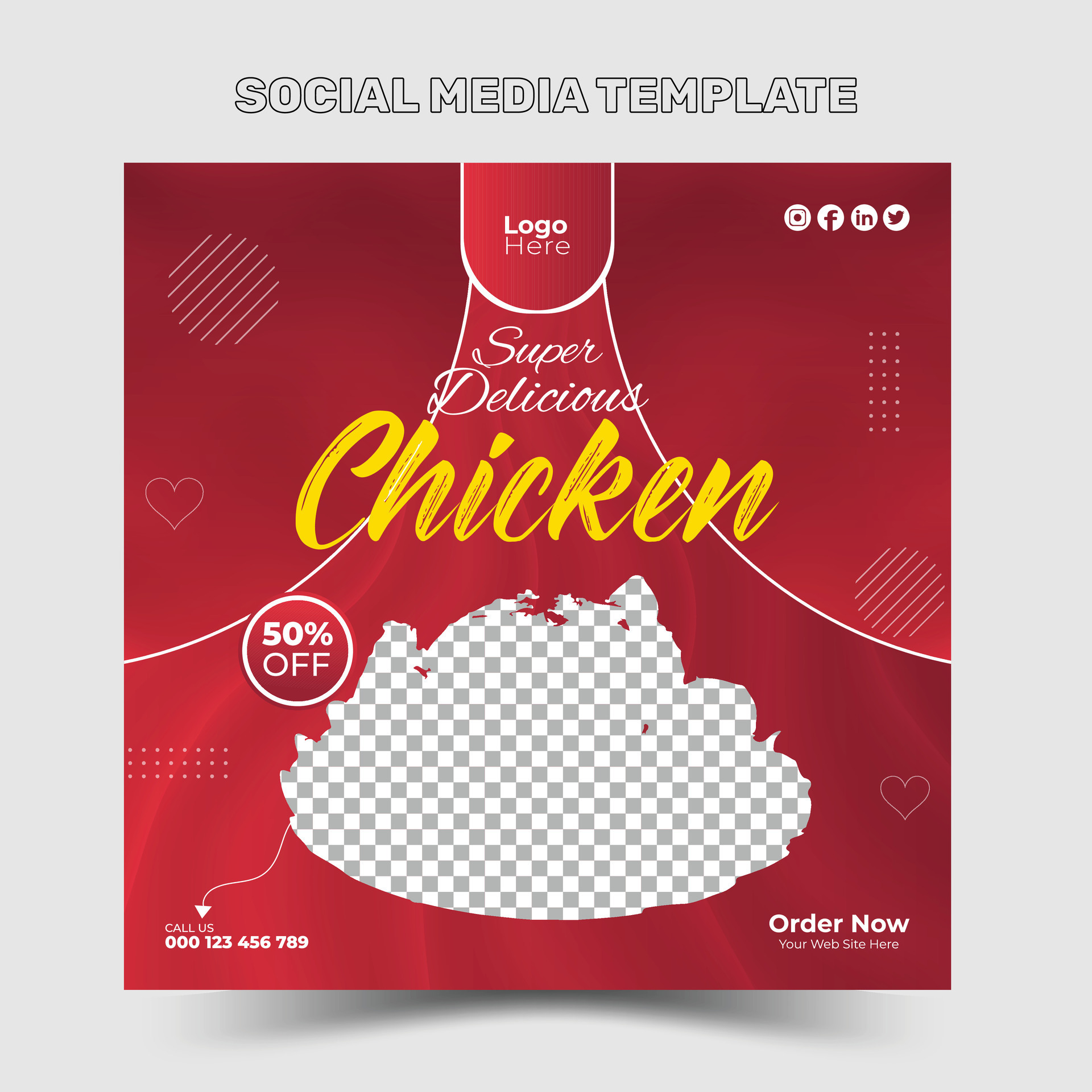 Chicken Fry Social Media Post Design Red Color Square Vector Template
