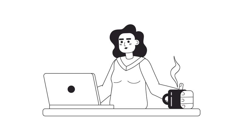 Animated Mono Lady With Laptop Female Freelance Programmer Thin Line