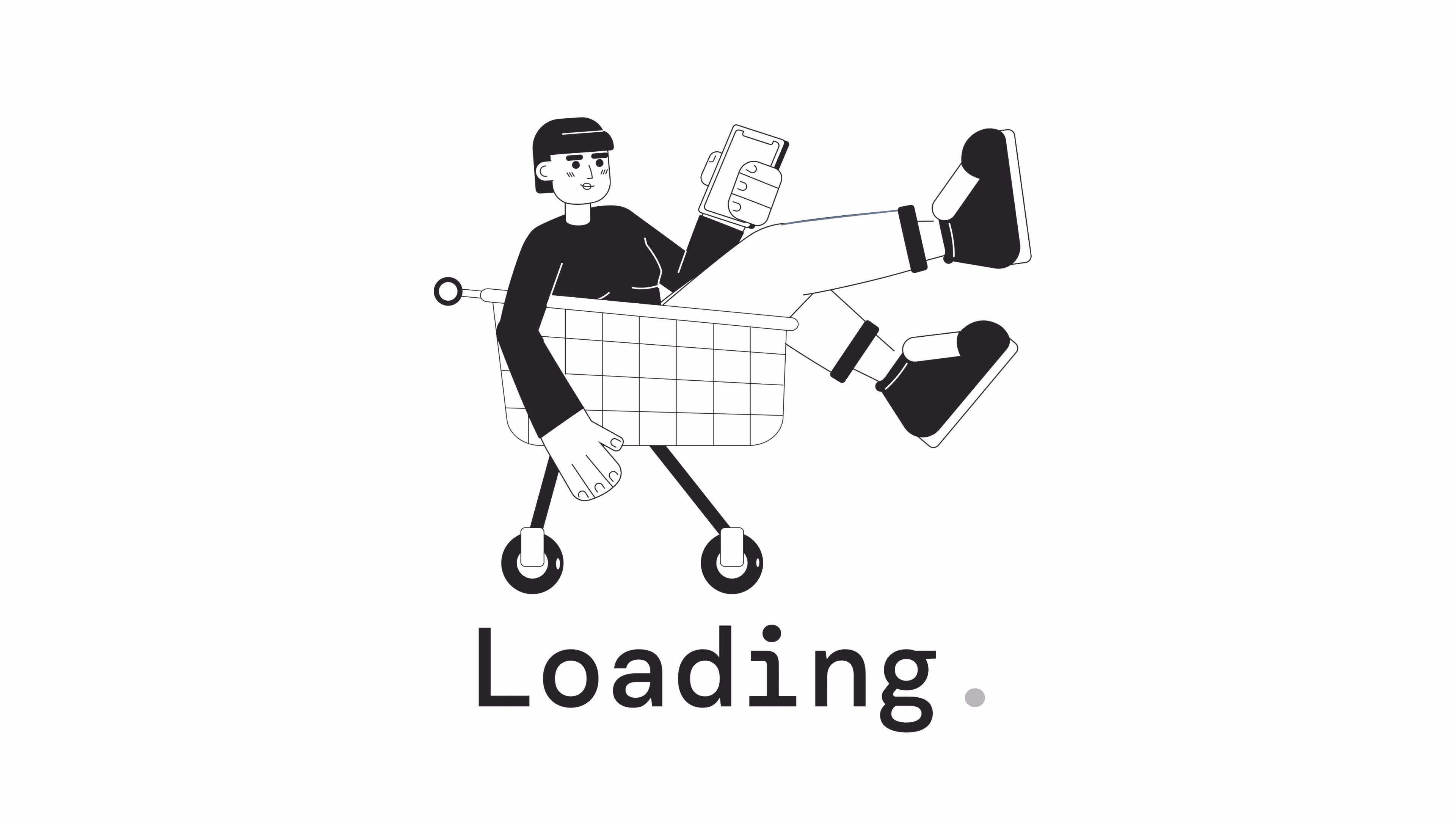 Animated Bw Internet Shopper Loader Girl In Cart Purchasing With Phone