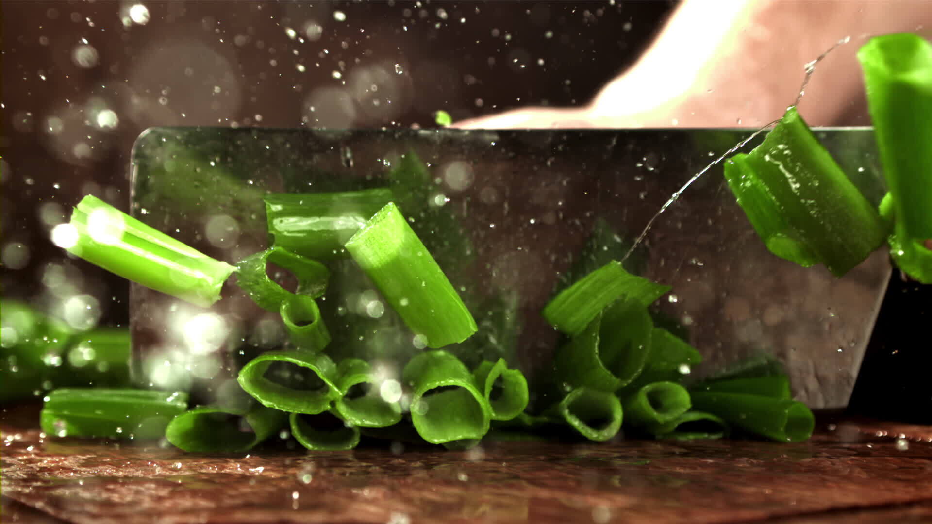 A Cook Chops Green Onions Filmed On A High Speed Camera At 1000 Fps