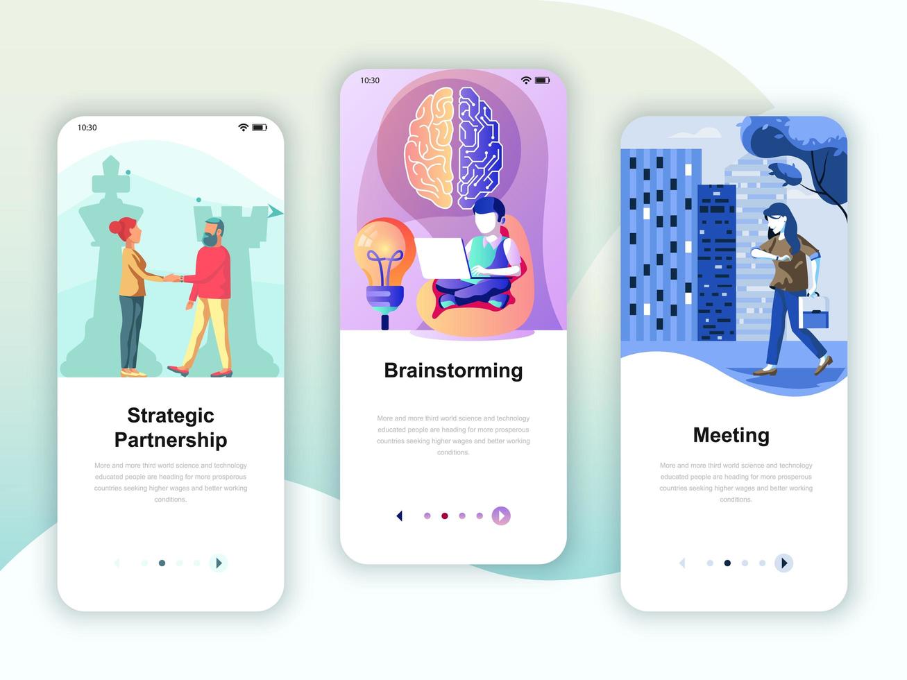 Set Of Onboarding Screens User Interface Kit For Partnership Brainstorming Meeting Mobile App