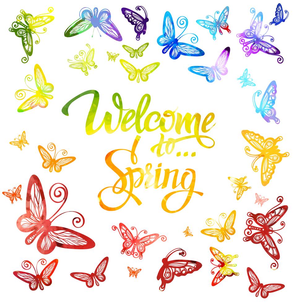 Inscription Welcome to spring around watercolor multicolored ...