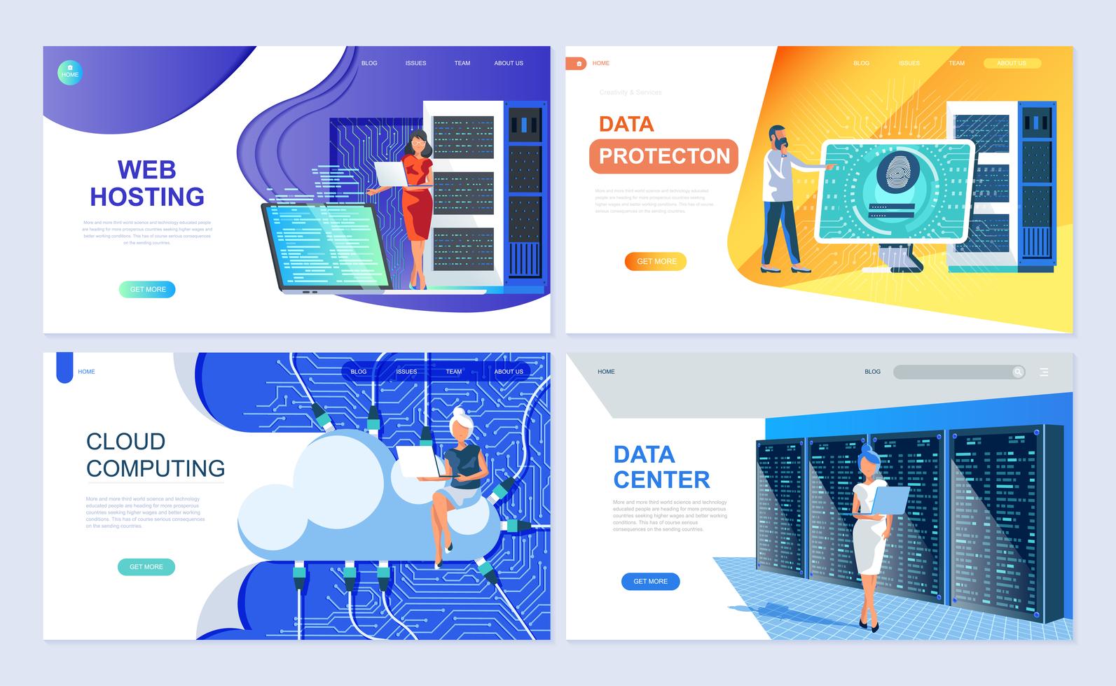 Set of landing page template for Hosting, Data Protection, Data Center ...
