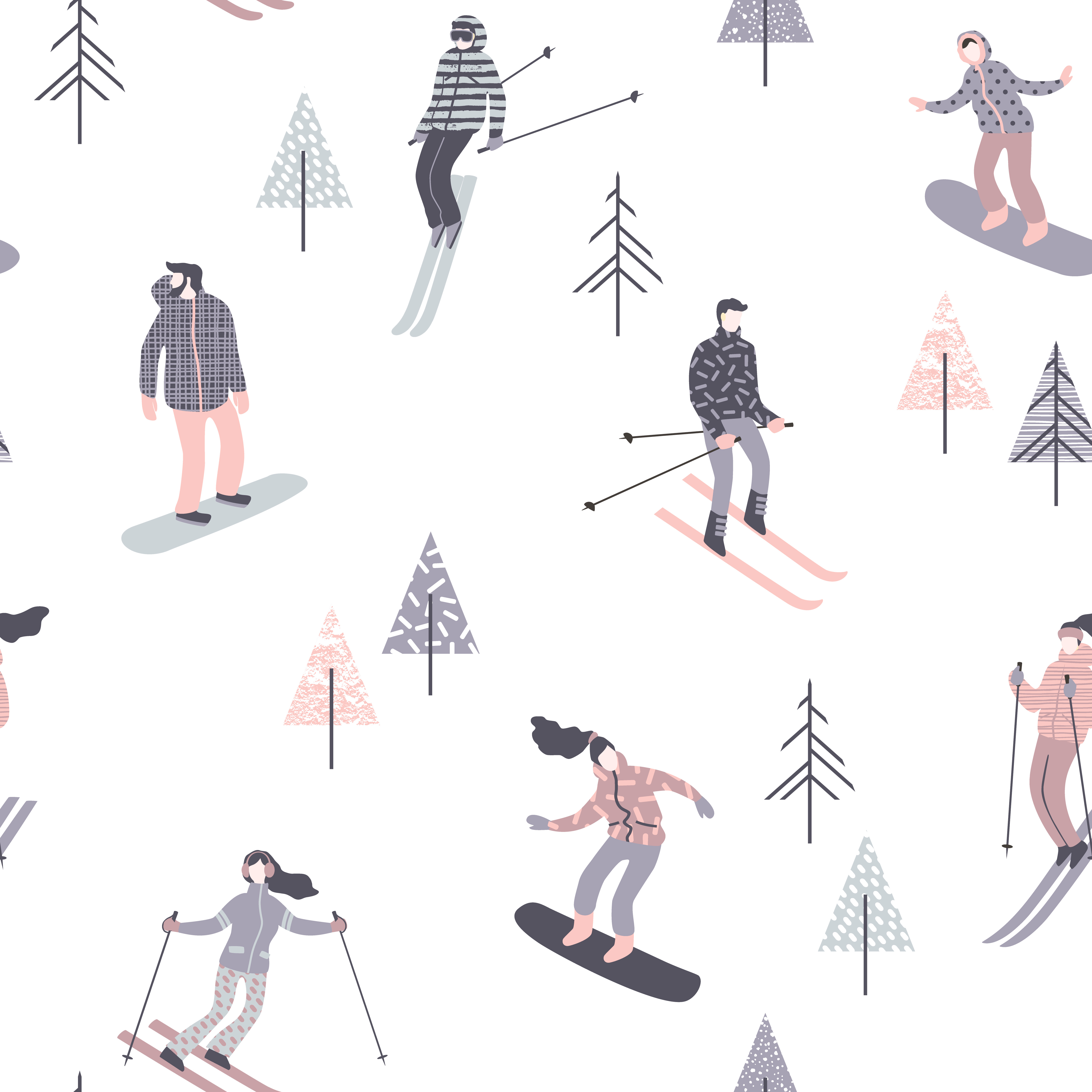 Vector illustration of skiers and snowboarders. Seamless pattern ...