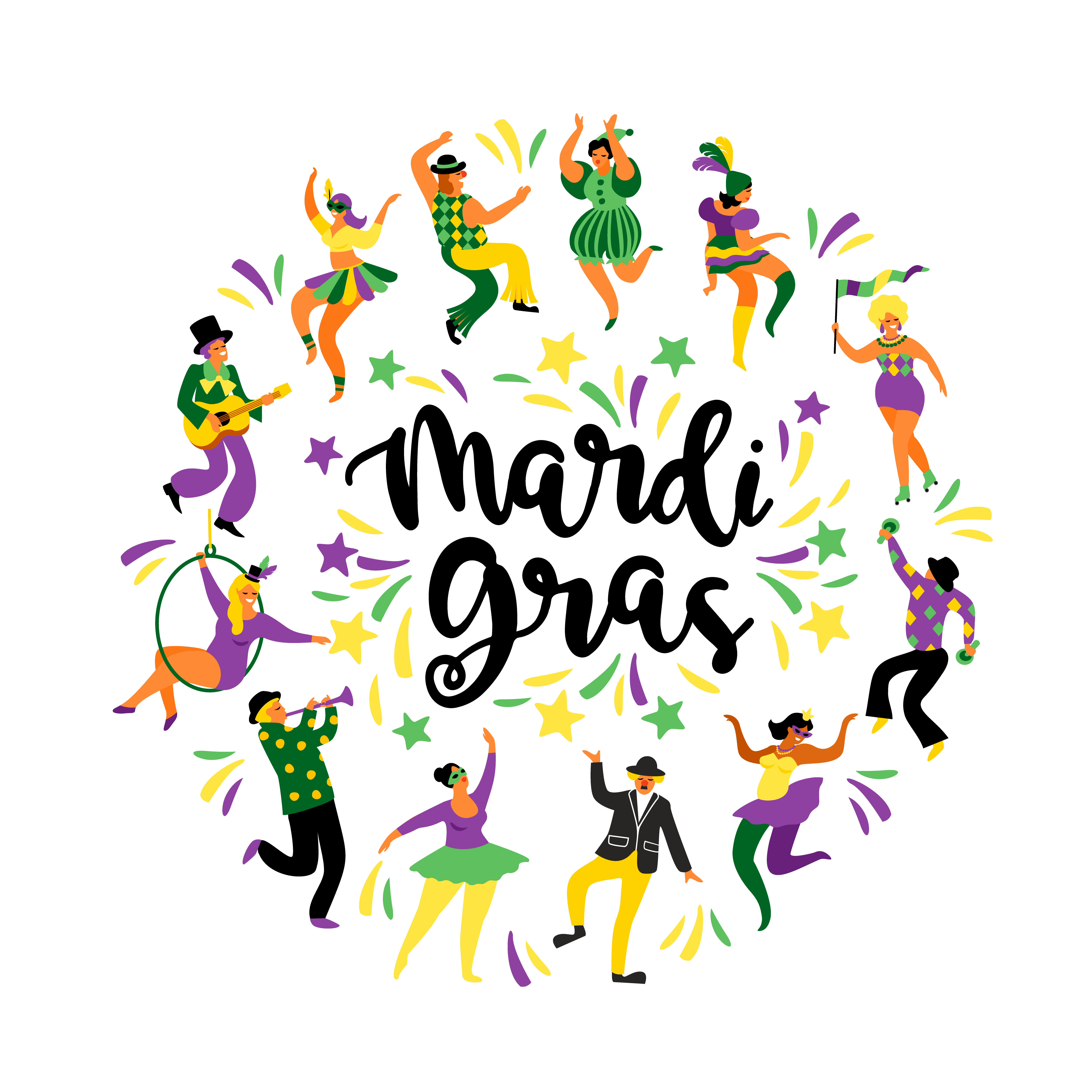 Mardi Gras Vector Illustration Of Funny Dancing Men And Women In Bright Costumes 293519 Vector
