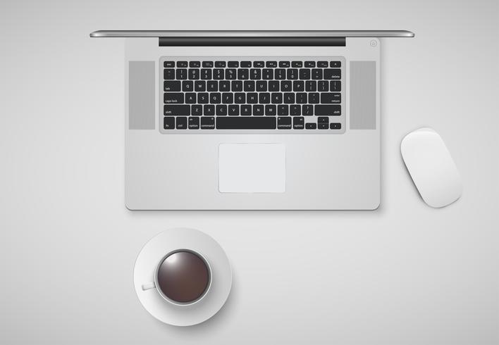 Minimal office with computer, mouse and a cup of coffee, vector ...
