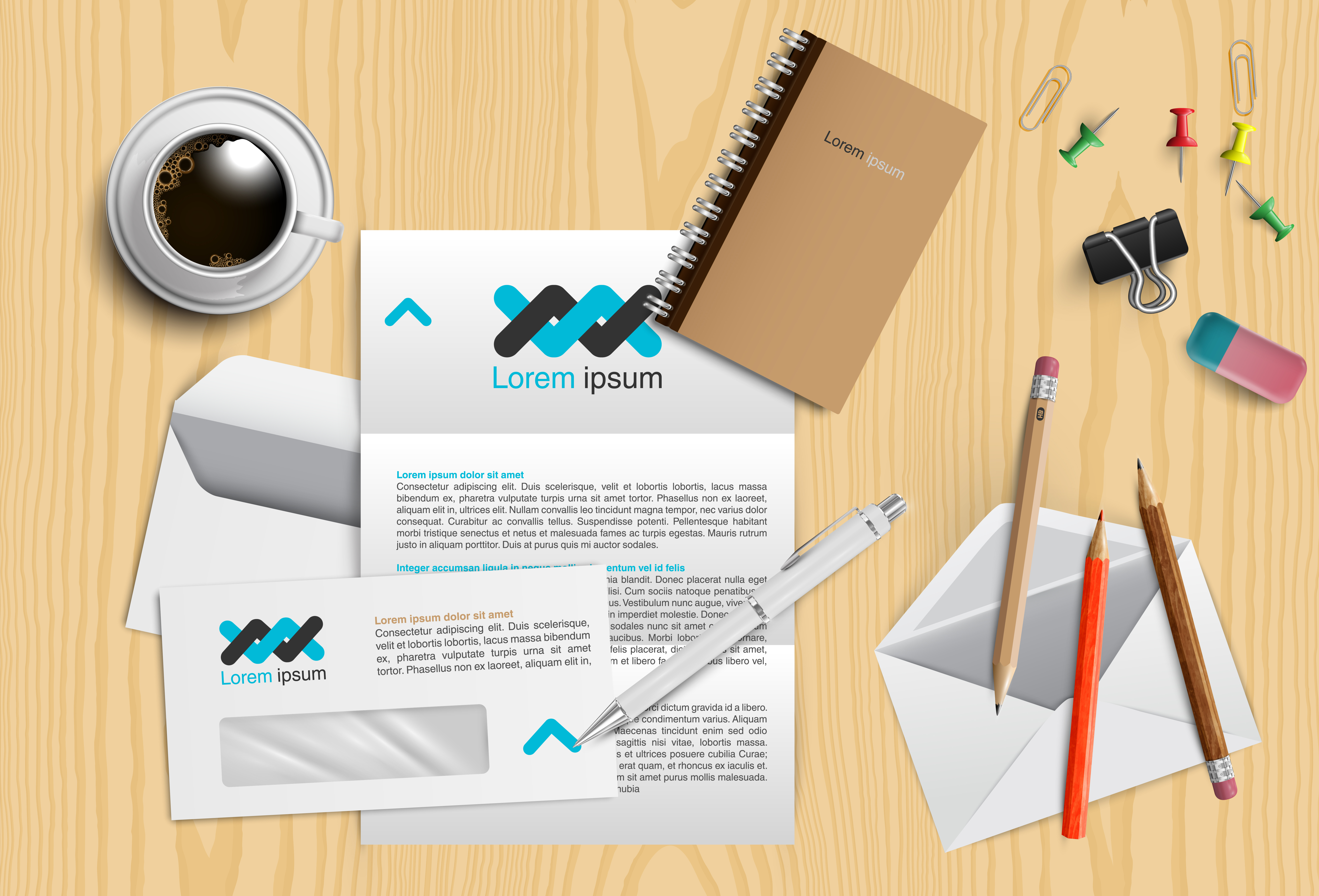 Escritorio de oficina realista con diferentes objetos, ilustración ...