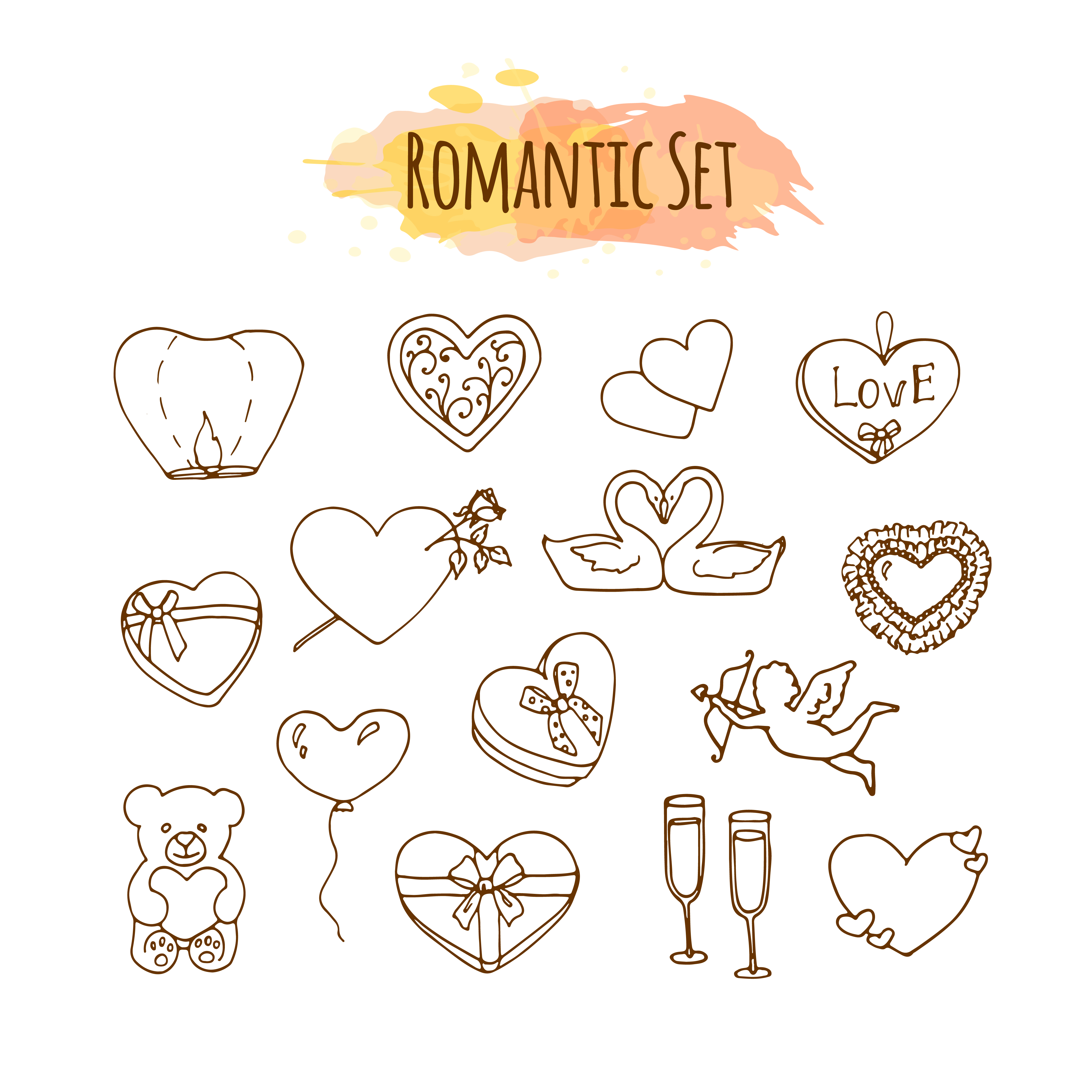 Romantic Illustrations Hand Drawn Wedding Set Doodle Style Elements