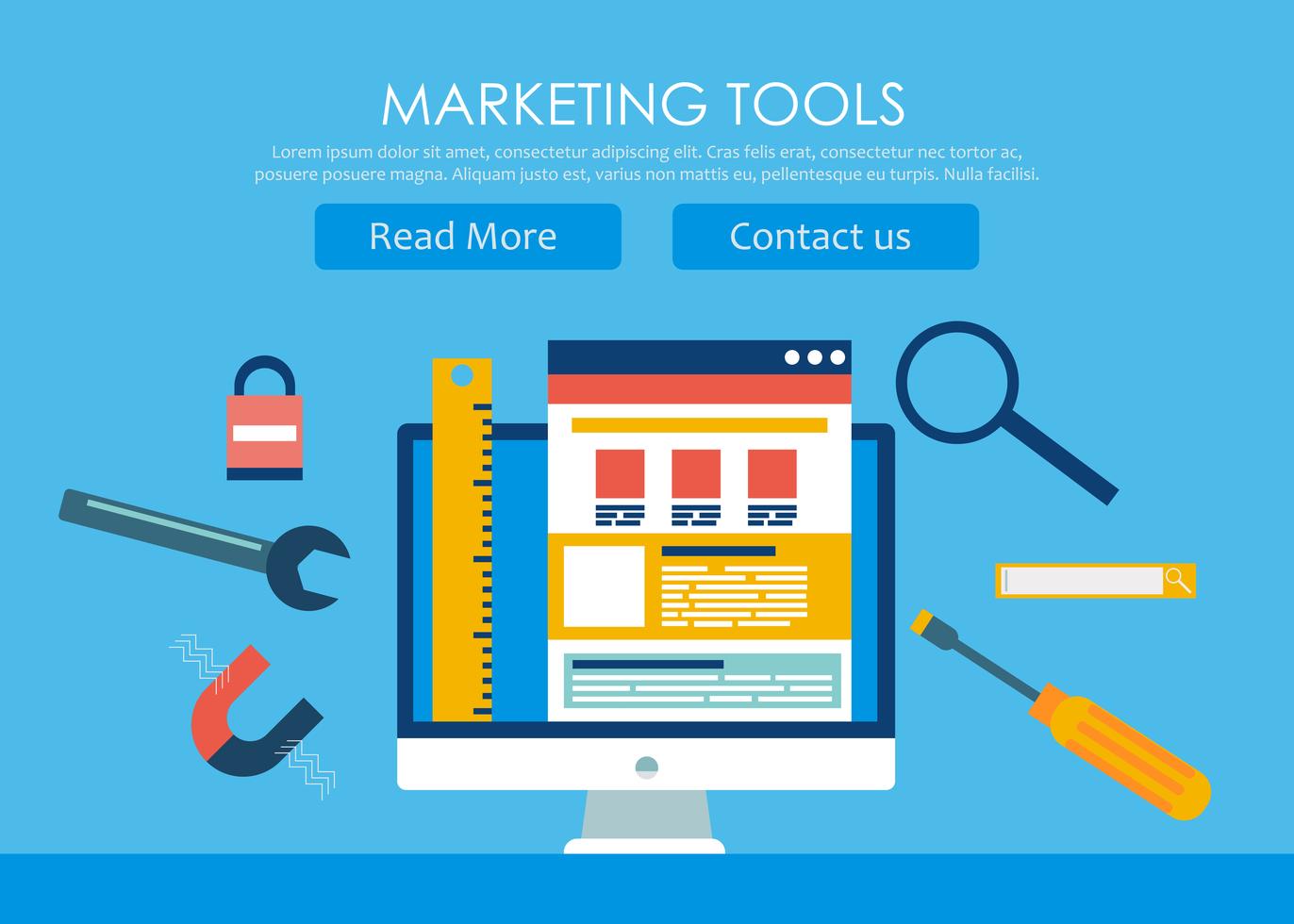 Web Design And Development Banner Computer With Tools And Constructor Site Vector Flat