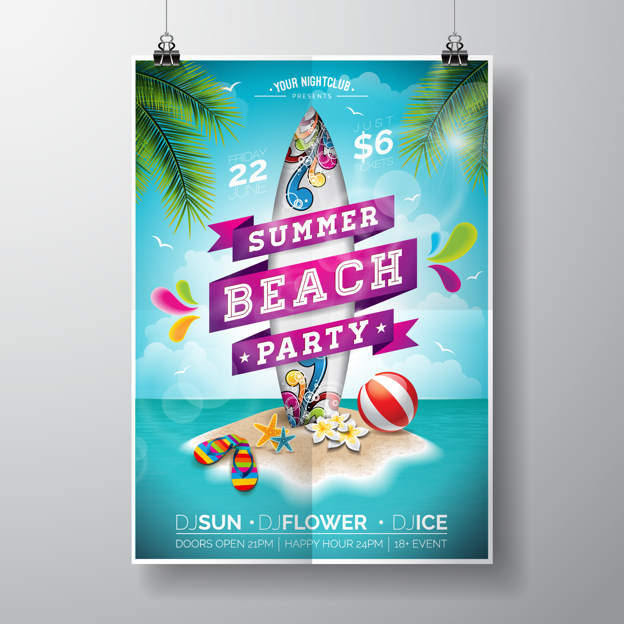 Vector Summer Beach Party Flyer Design with surf board and paradise ... Vector Summer Beach Party Flyer Design with surf board and paradise ...