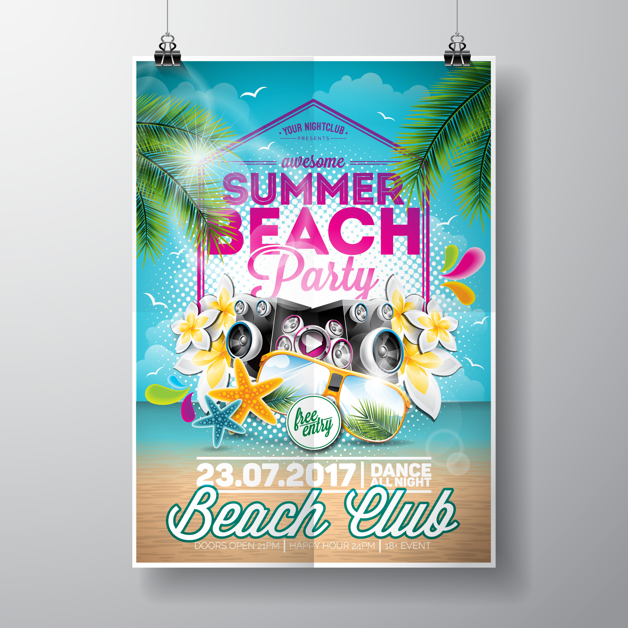 Vector Summer Beach Party Flyer Design With Typographic Elements On