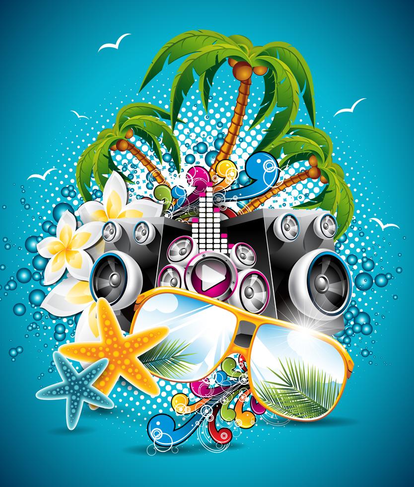 Vector Summer Holiday Flyer Design with palm trees and speakers on blue ... Vector Summer Holiday Flyer Design with palm trees and speakers on blue ...