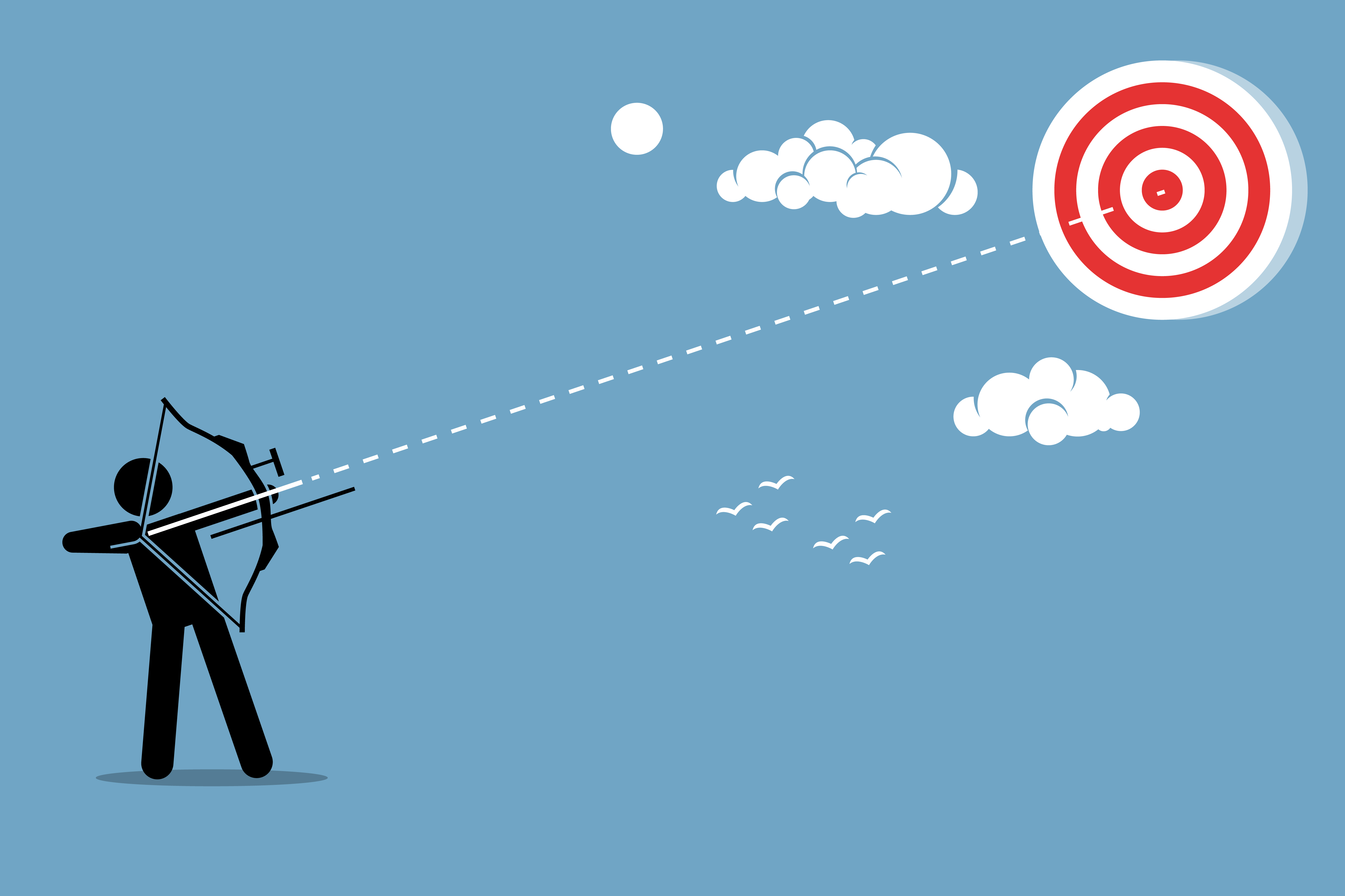 Person Using A Bow To Aim And Shoot An Arrow To A Target In The Sky