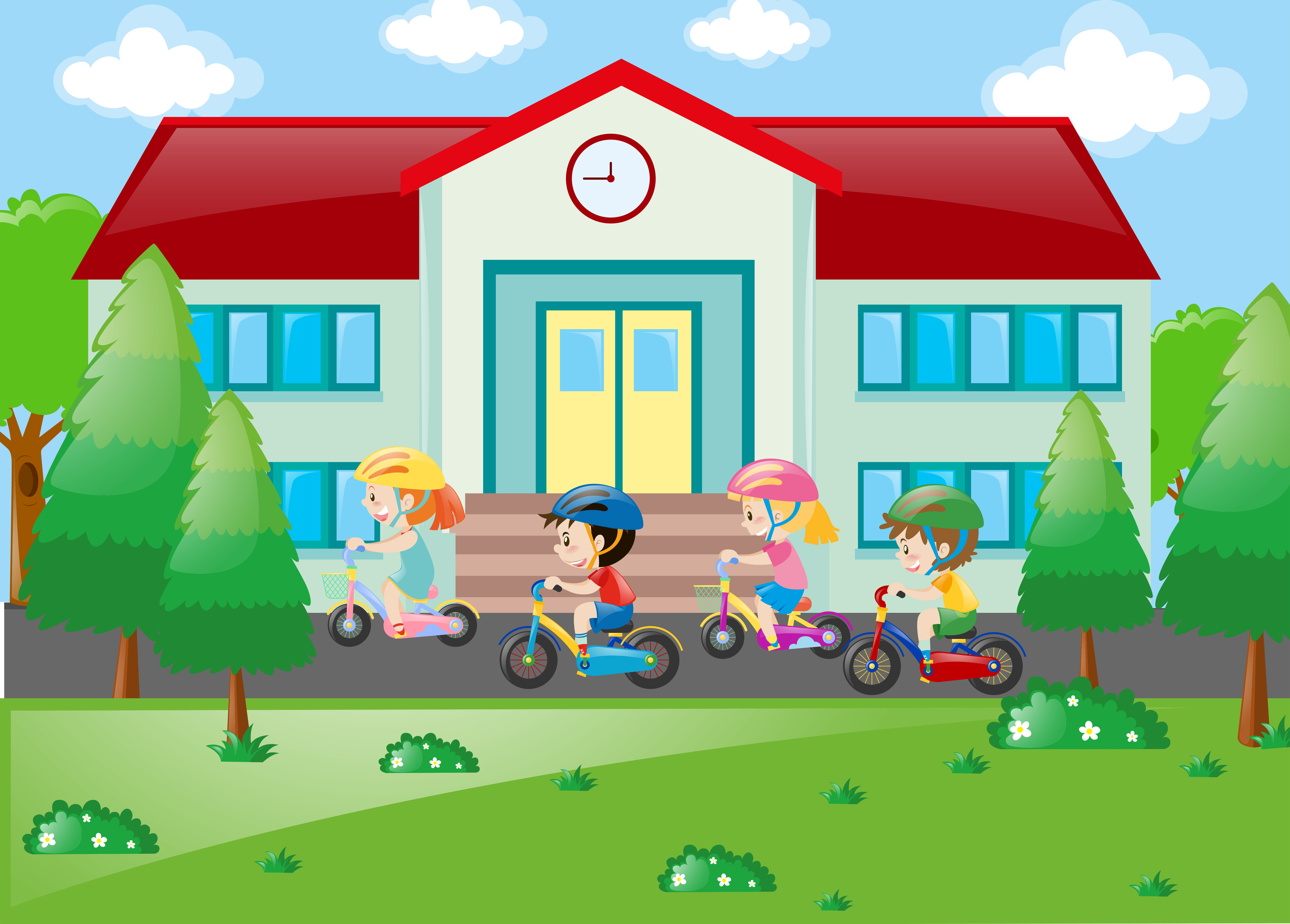 Students riding bicycle to school 368921 Vector Art at Vecteezy