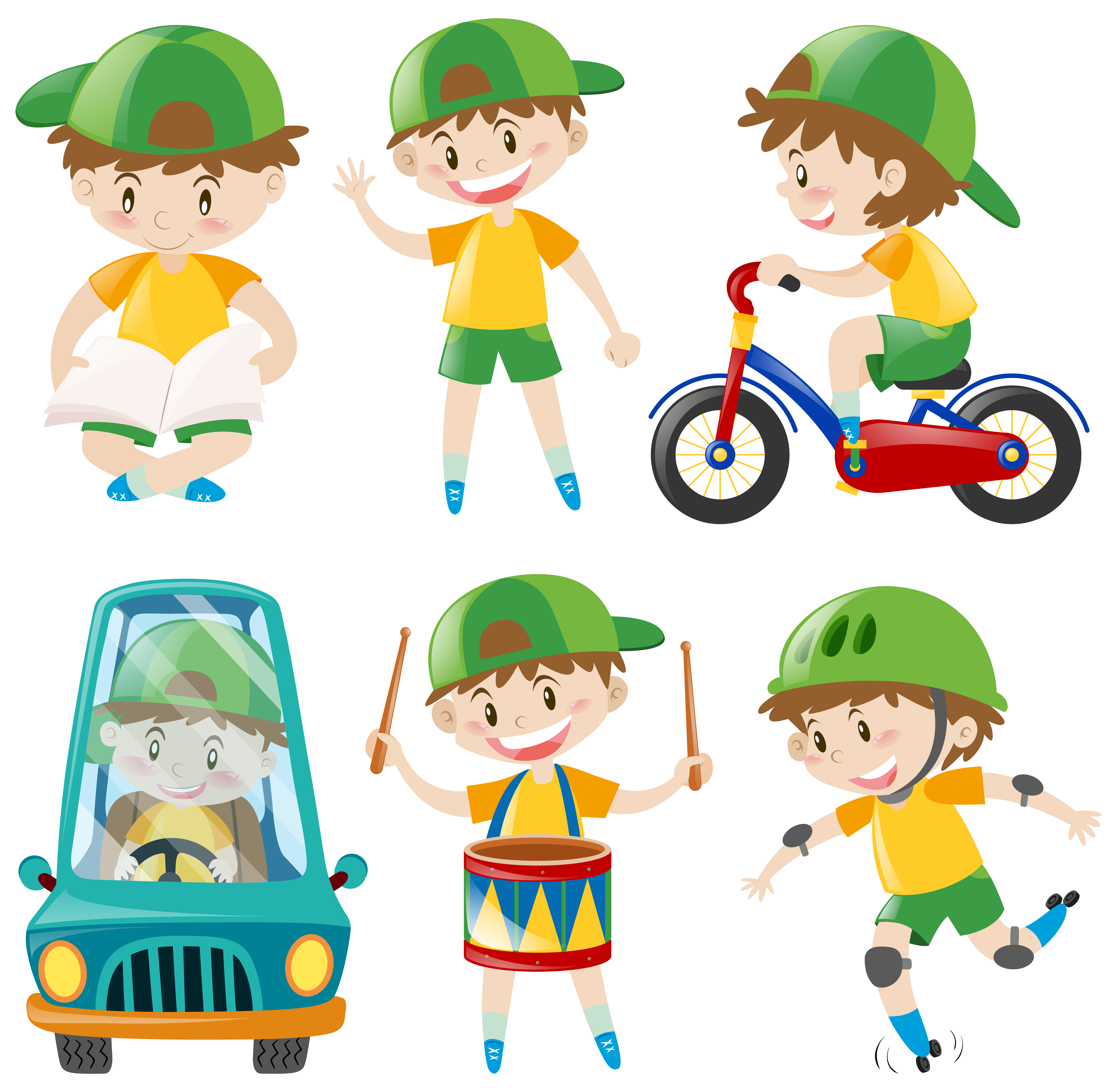 Boy with green hat doing different things 381403 Vector Art at Vecteezy Boy with green hat doing different things 381403 Vector Art at Vecteezy