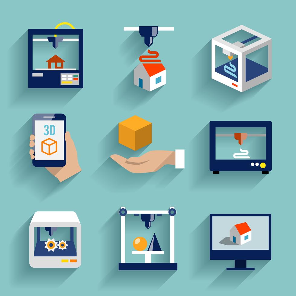 Printer 3d icons set flat 460535 Vector Art at Vecteezy