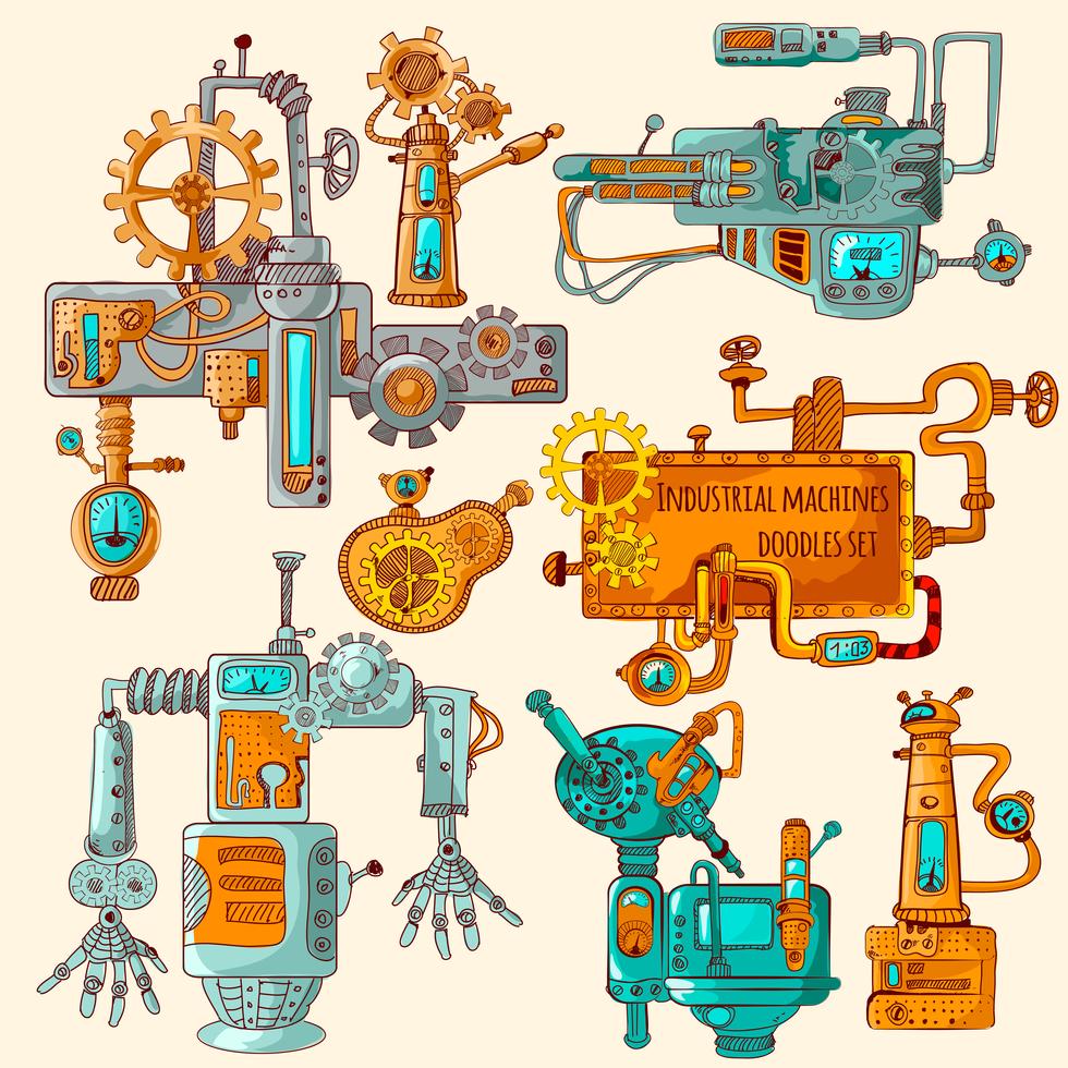 Industrial Machines Doodles Colored 463054 Vector Art at Vecteezy