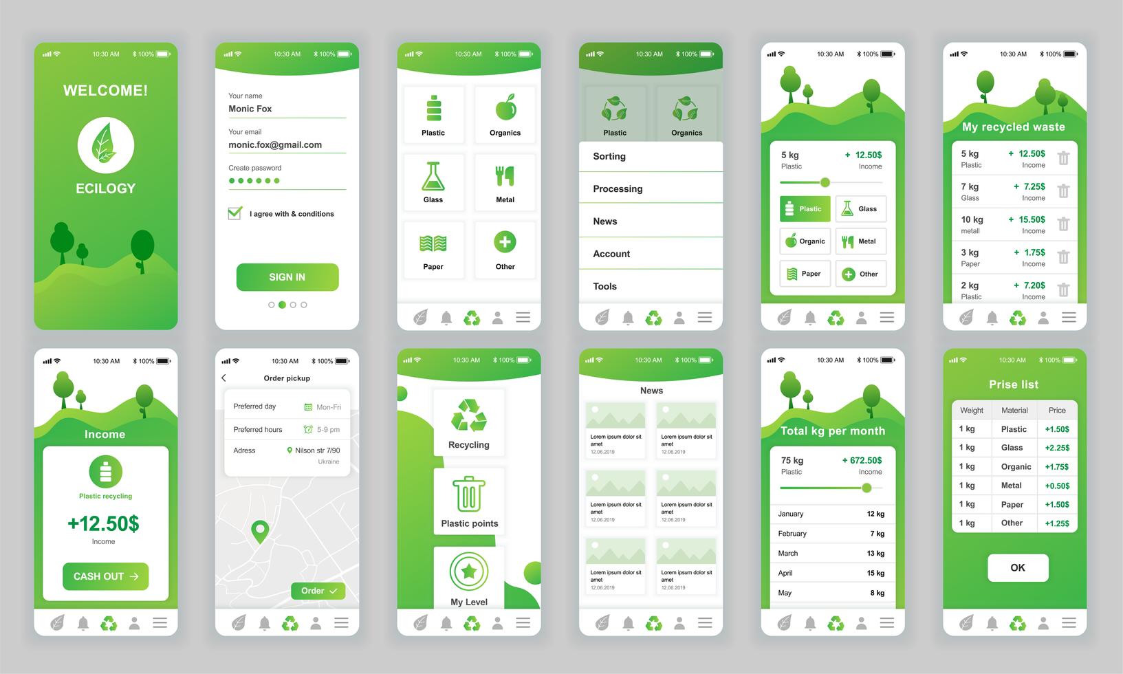 El conjunto de UI, UX, GUI muestra la plantilla de diseño plano de la aplicación Ecology para ...