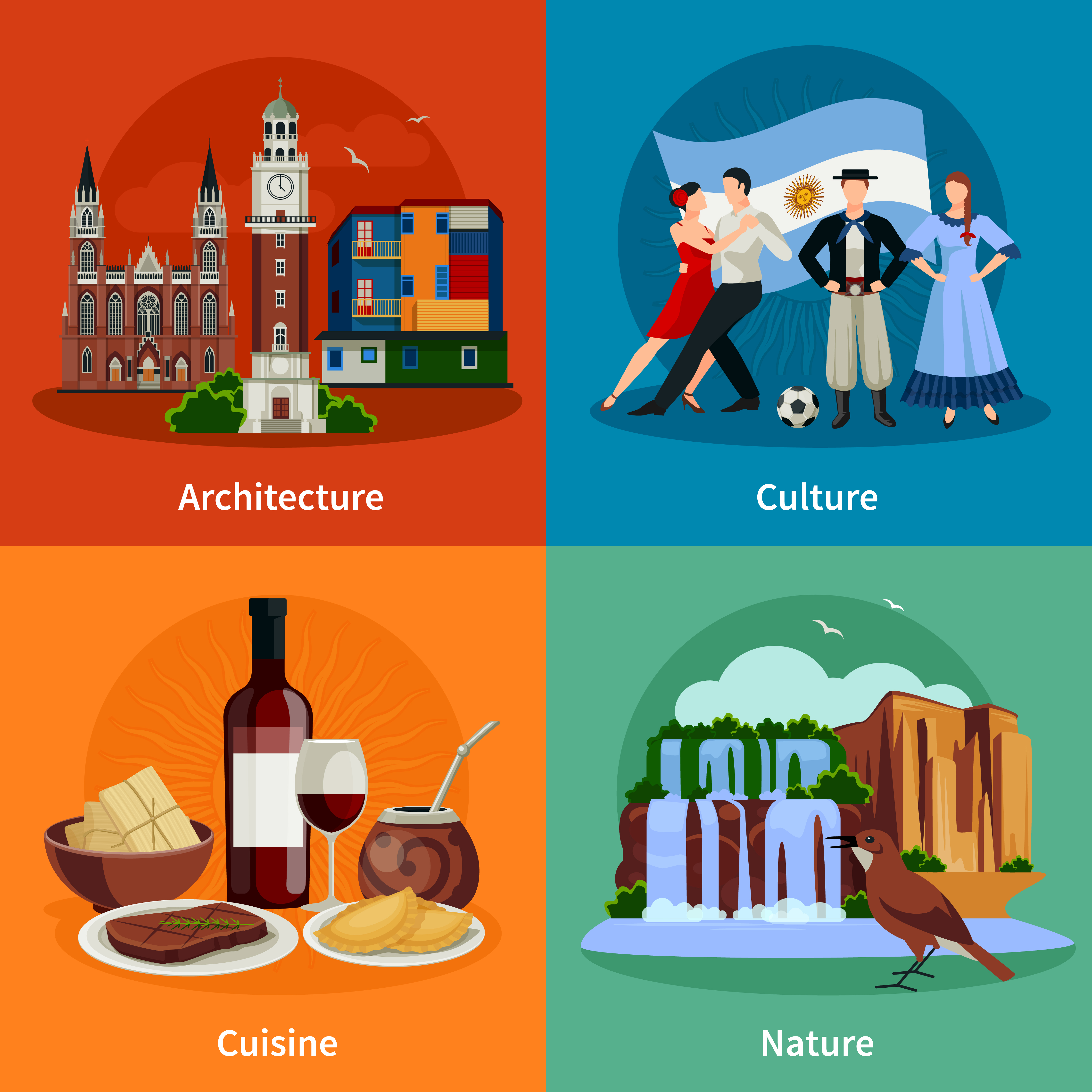 Argentina Attractions 4 Flat Icons Square 471298 Vector Art At Vecteezy