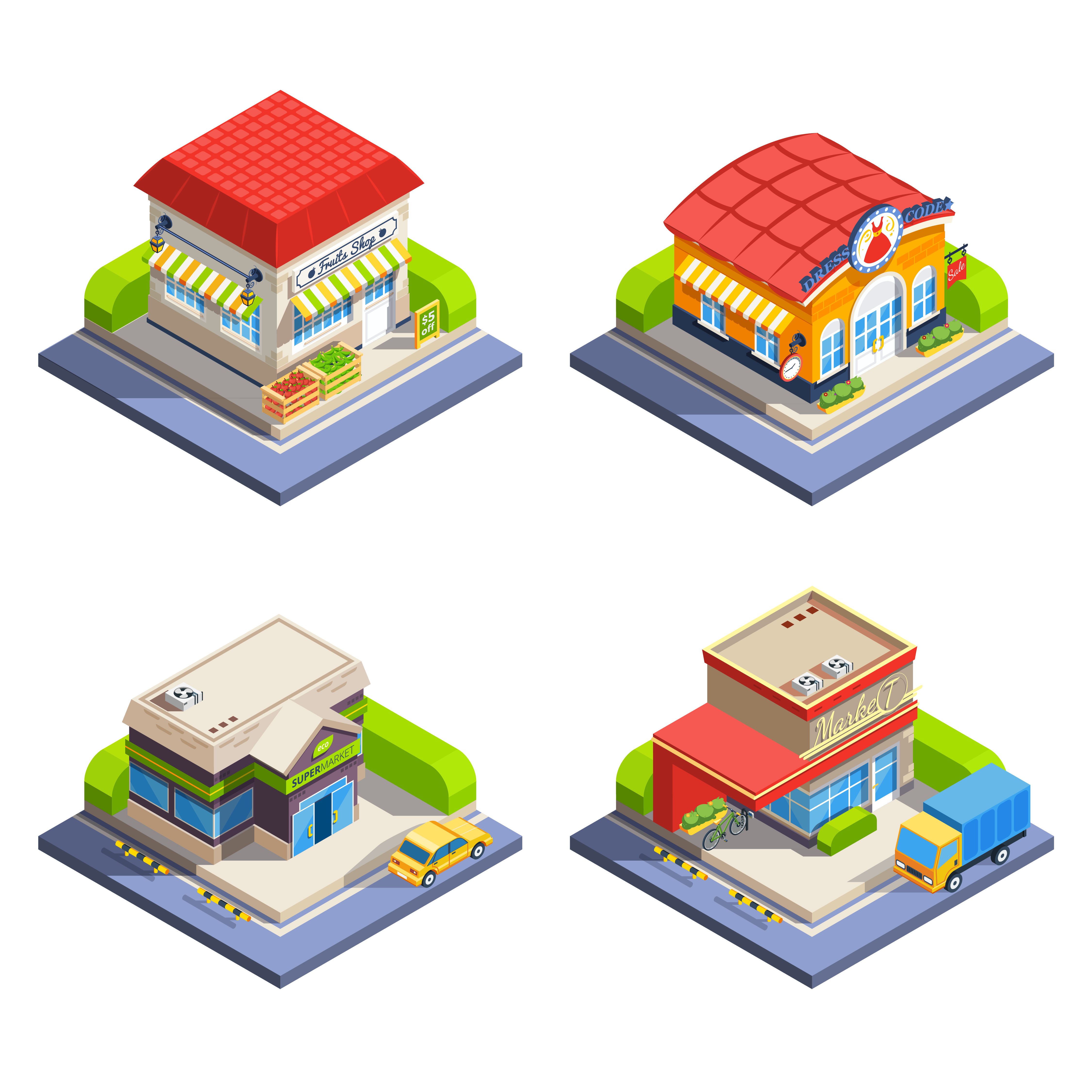 Shop Isometric Buildings Set 476385 Vector Art at Vecteezy