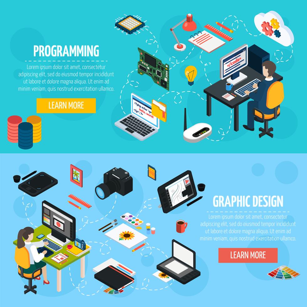 Programming And Graphic Design Isometric Banners 478830 Vector Art at ...
