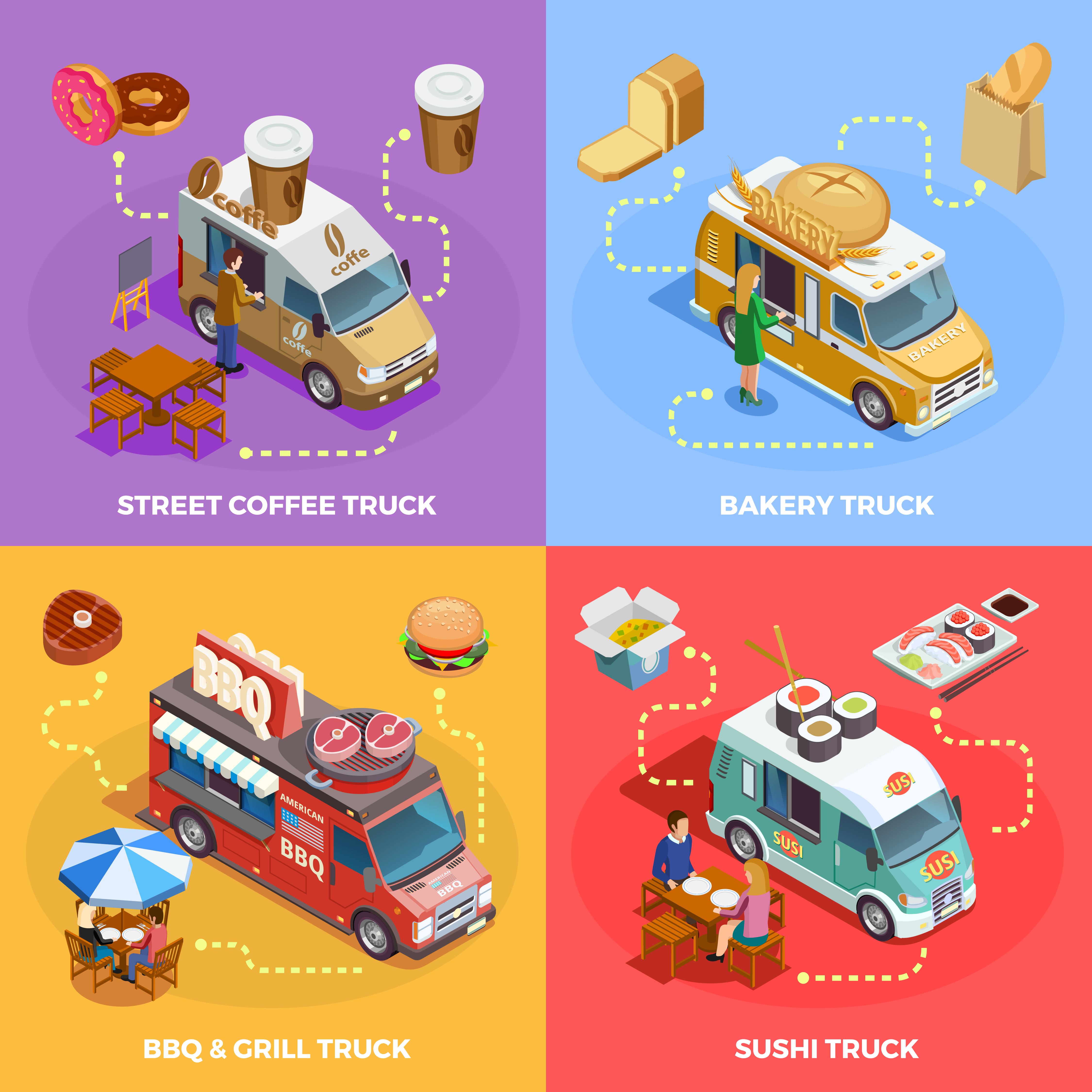 Food Truck 4 Isometric icons Square 482515 Vector Art at Vecteezy Food Truck 4 Isometric icons Square 482515 Vector Art at Vecteezy