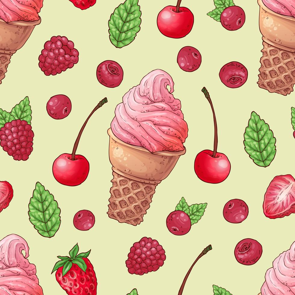 Seamless Pattern Ice Cream Raspberry Cherry Vector Illustration 494894