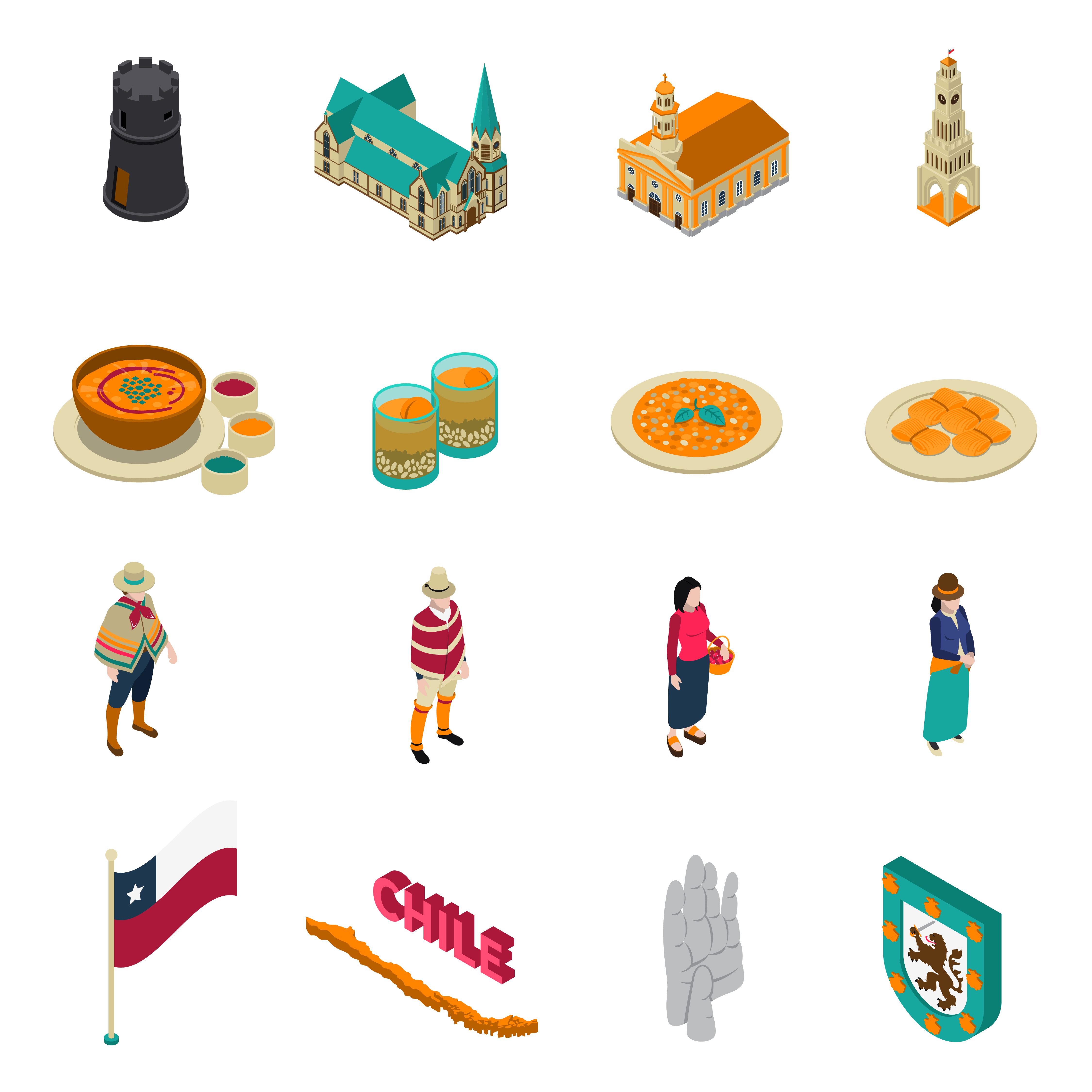 Chile Touristic Attractions Isometric Icons Set 495268 Vector Art At Vecteezy