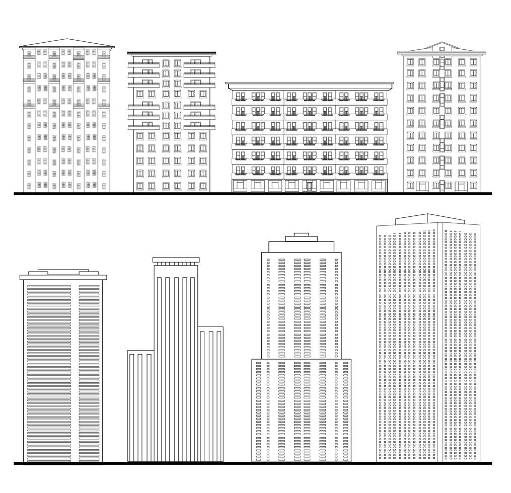 City buildings set. Outline blueprint. skyscraper building facade. 511746 Vector Art at Vecteezy