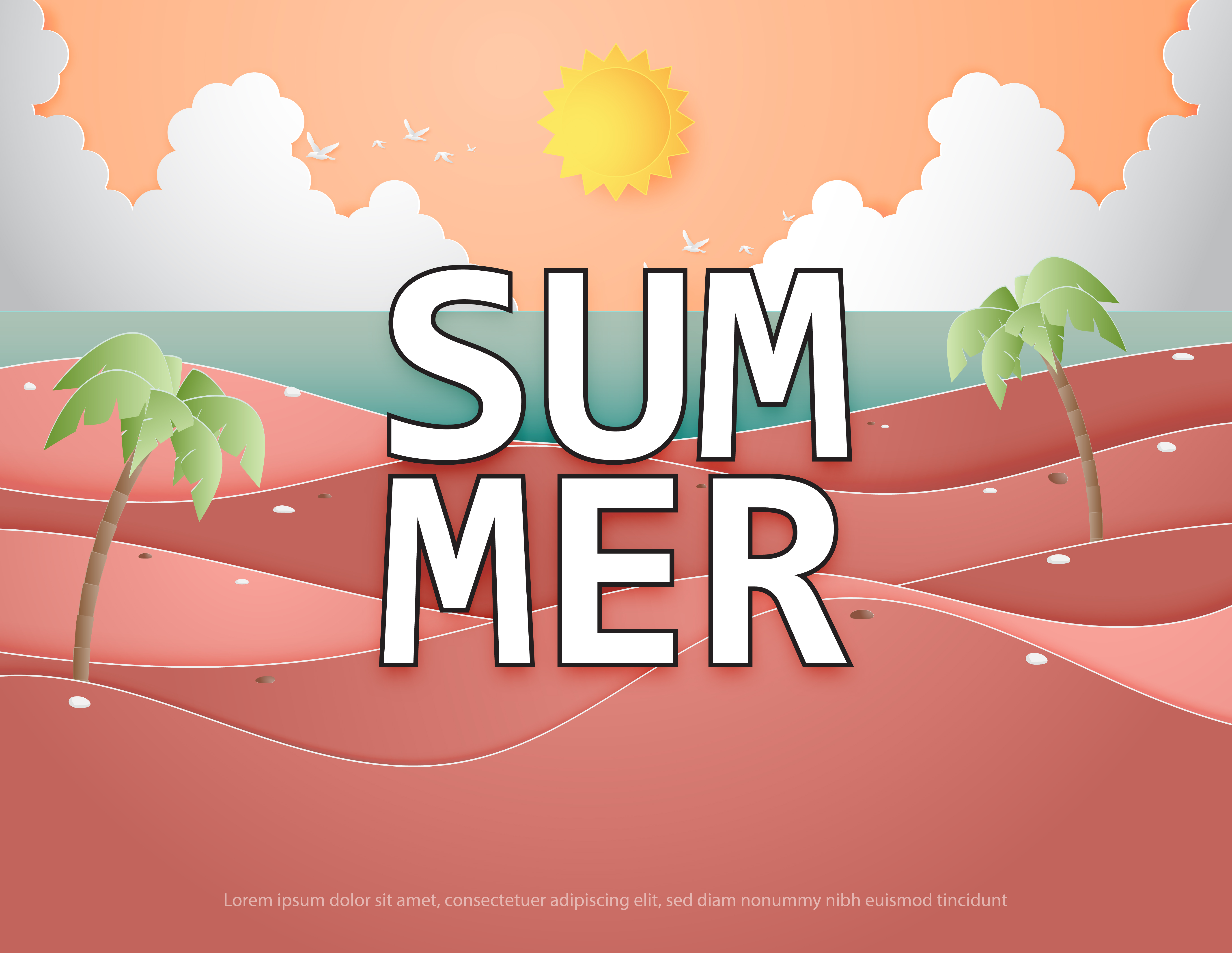 Creative Illustration Summer Background Concept With Landscape Of Beach
