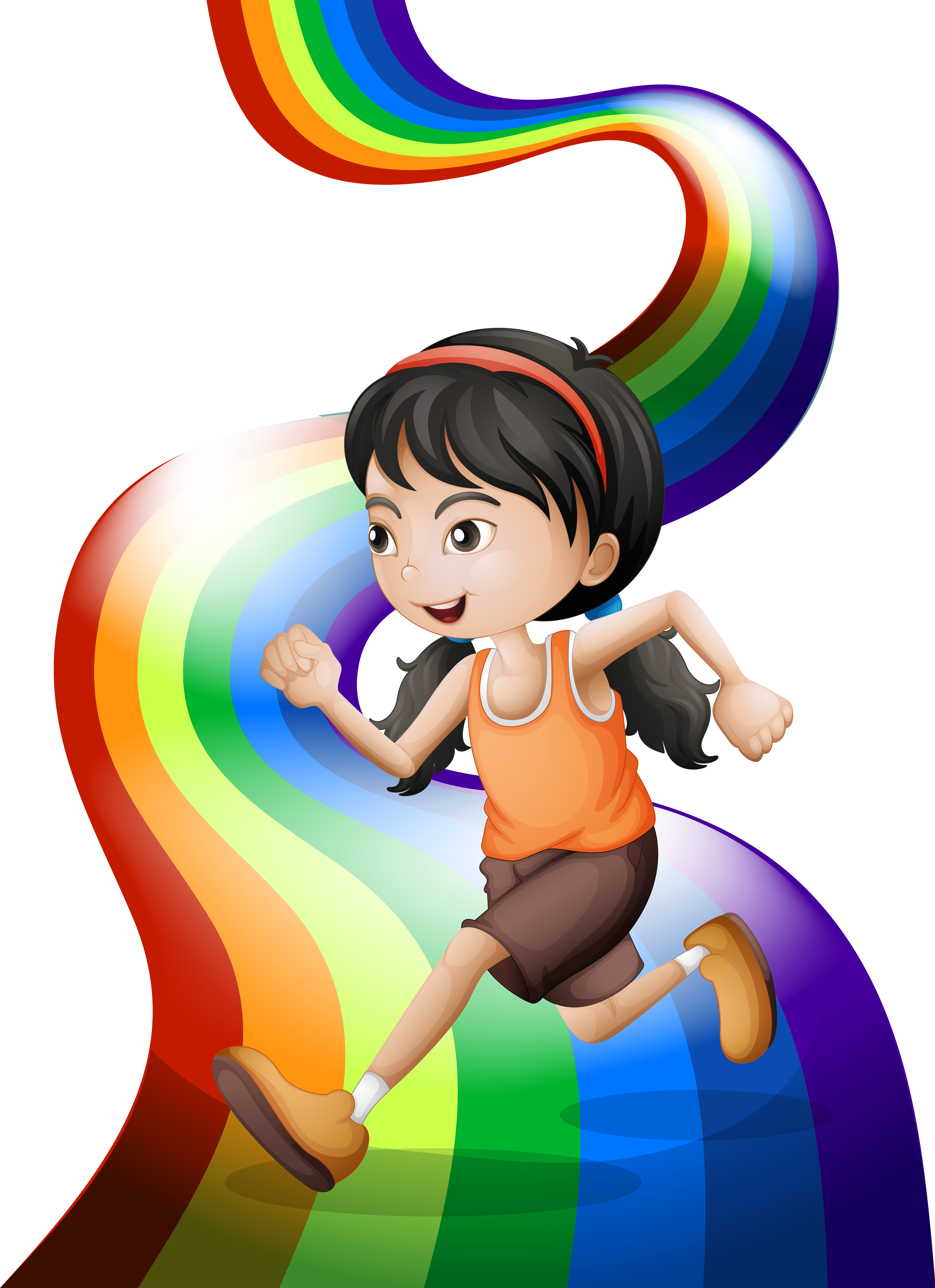 A rainbow with a young woman running 526309 Vector Art at Vecteezy