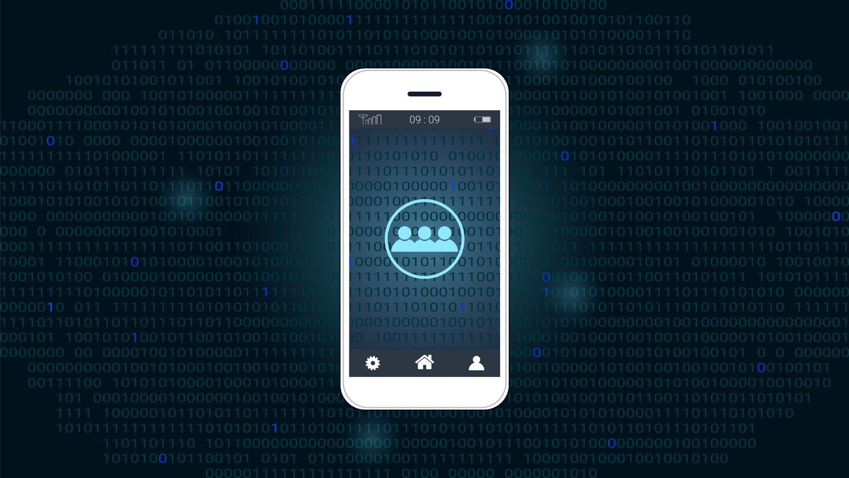 Smart phone screen with Global network and binary code background ...