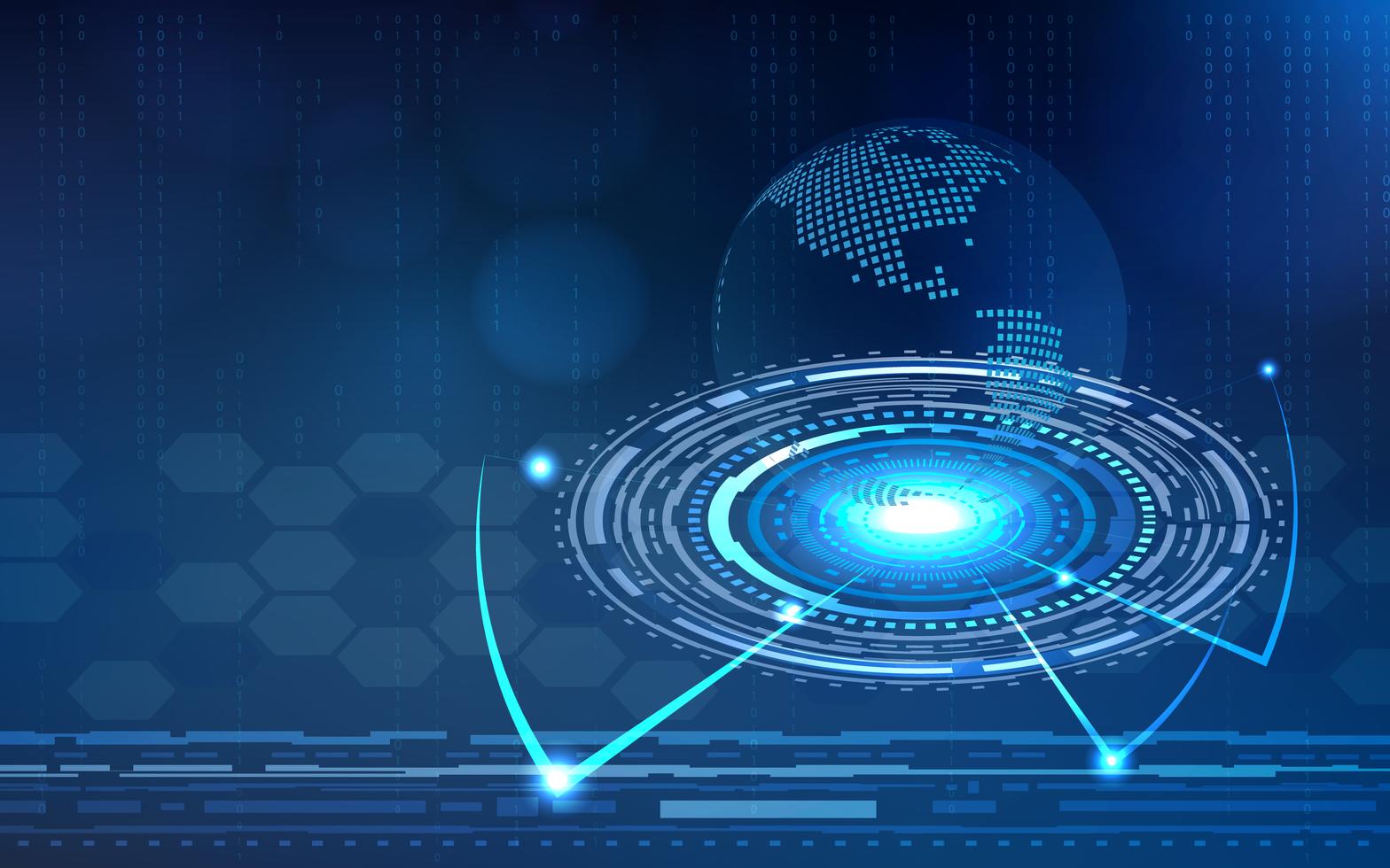 Blue Technology Circle And Computer Abstract Background With Blue And Binary Code Matrix