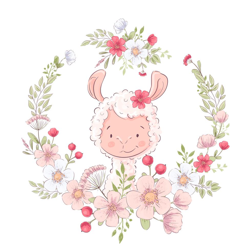 Postcard poster cute llama in a wreath of flowers. Hand drawing. Vector ...